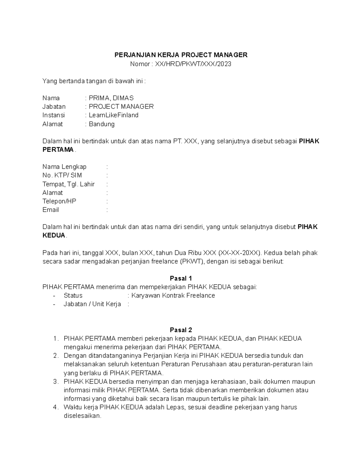 Contoh Kontrak Kerja Freelance - Mekari Sign - PERJANJIAN KERJA PROJECT ...
