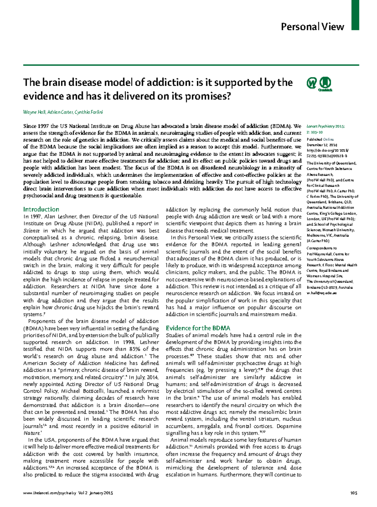 Brain disease model – Hall et al. (2015 ) - The brain disease model of ...