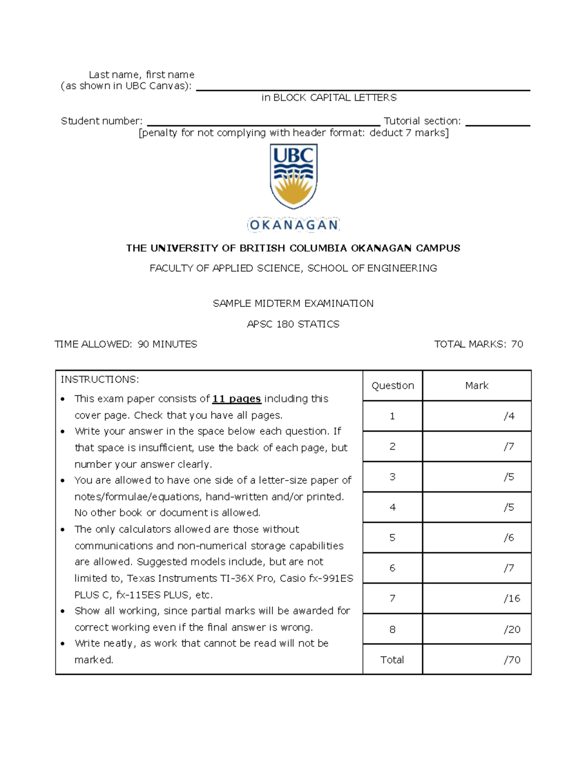 Sample Midterm Exam - Last name, first name (as shown in UBC Canvas ...