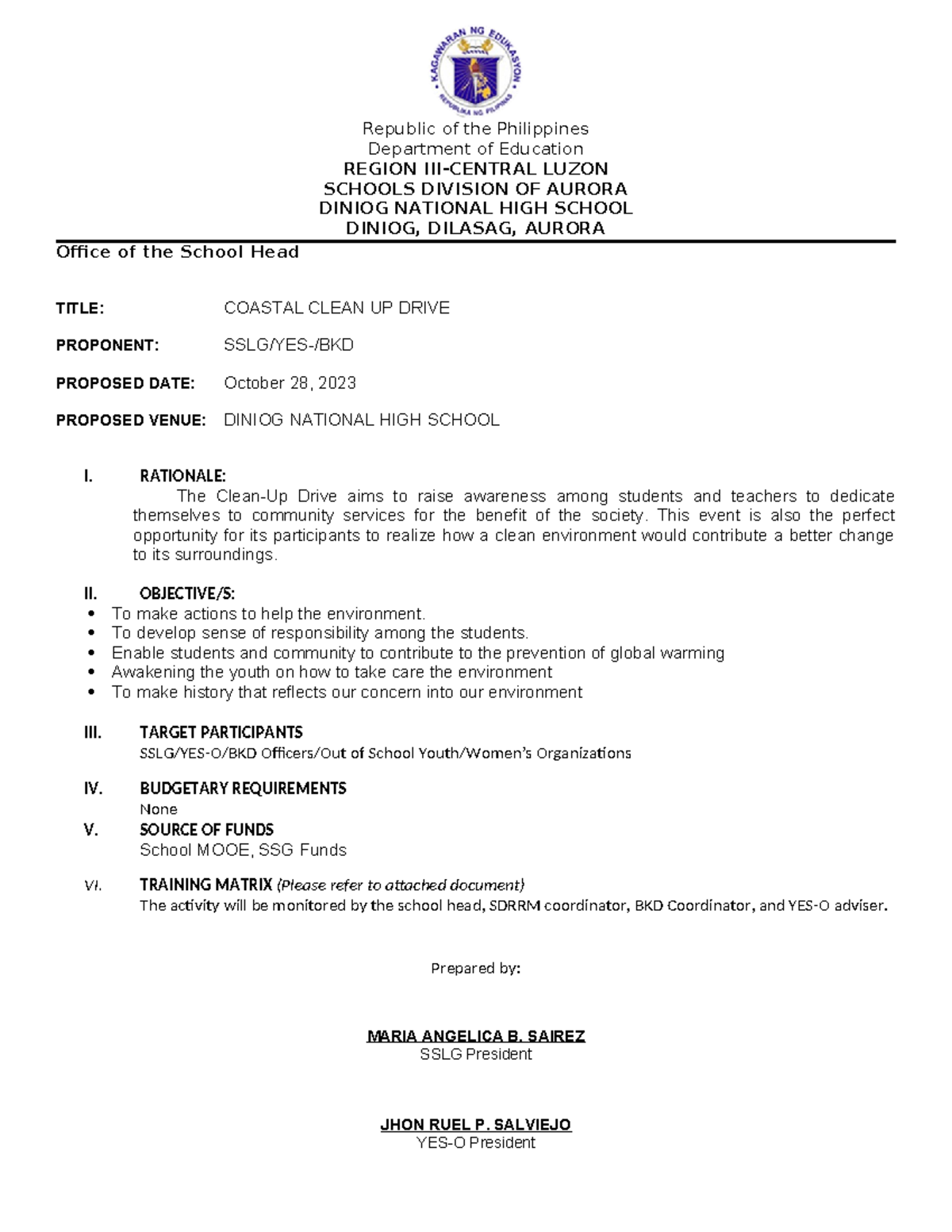 Project proposal 1st coastal clean up drive - Republic of the ...