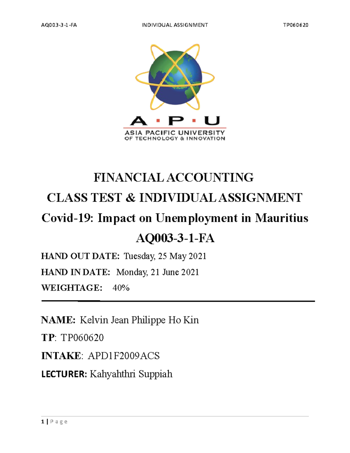 Maecs Report TP060620 Kelvin Ho Kin - FINANCIAL ACCOUNTING CLASS TEST ...