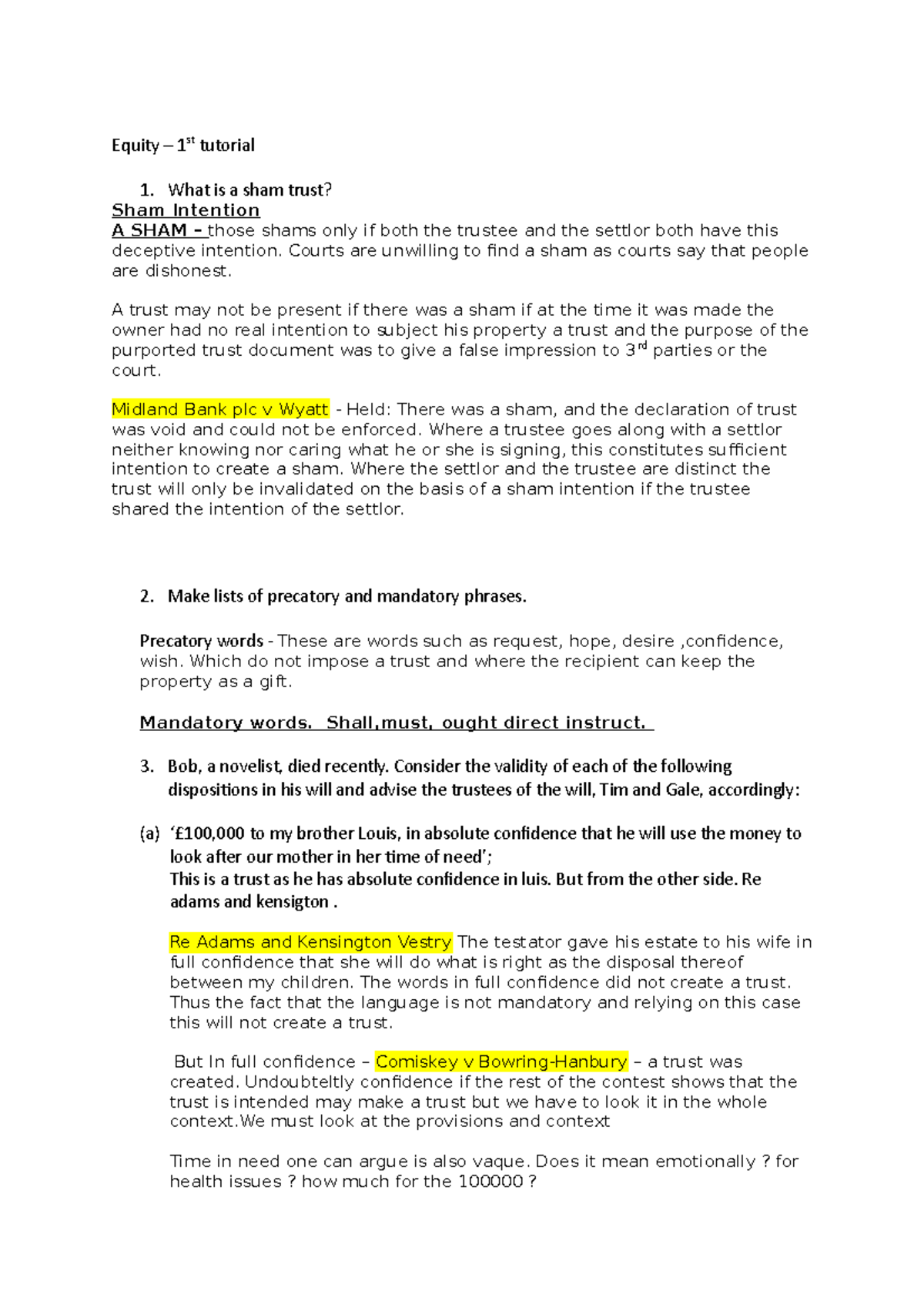 Equity 1st tutorial - helpful notes - Equity – 1st tutorial 1. What is ...