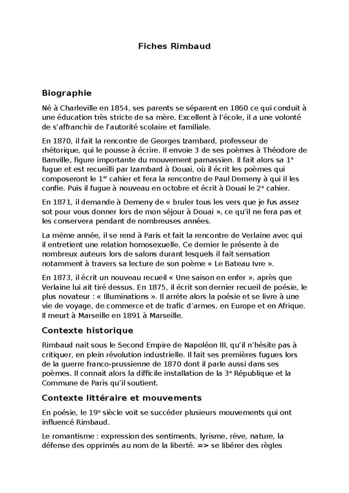 Fiches Rimbaud - Fiches Rimbaud Biographie Né à Charleville en 1854 ...