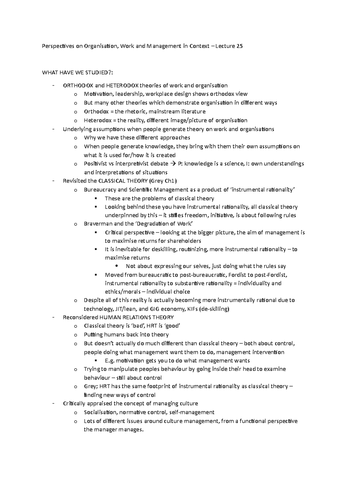 11 and 12. Perspectives on Organisation - summary - Perspectives on ...