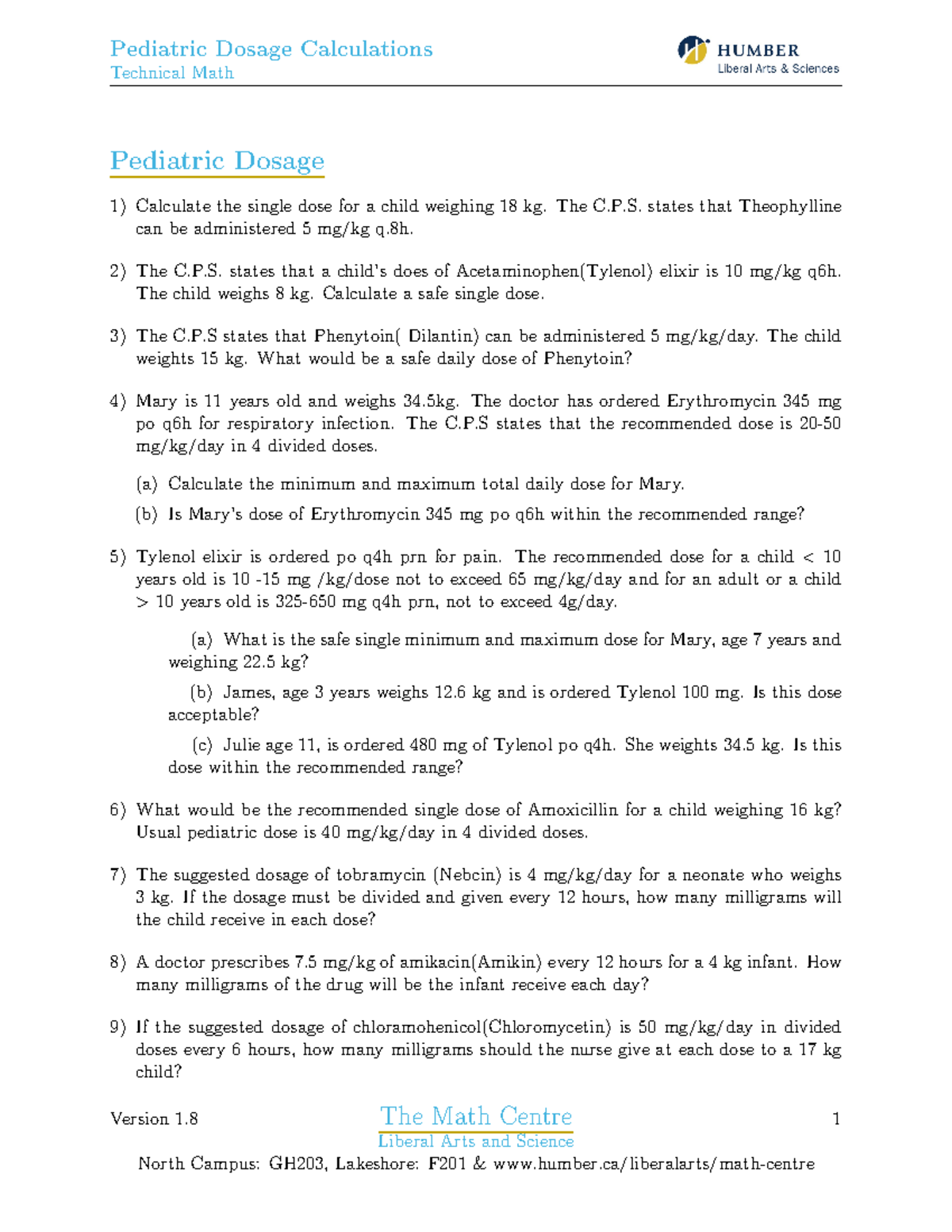 Pediatric worksheet v1-8 - Pediatric Dosage Calculations Technical Math ...