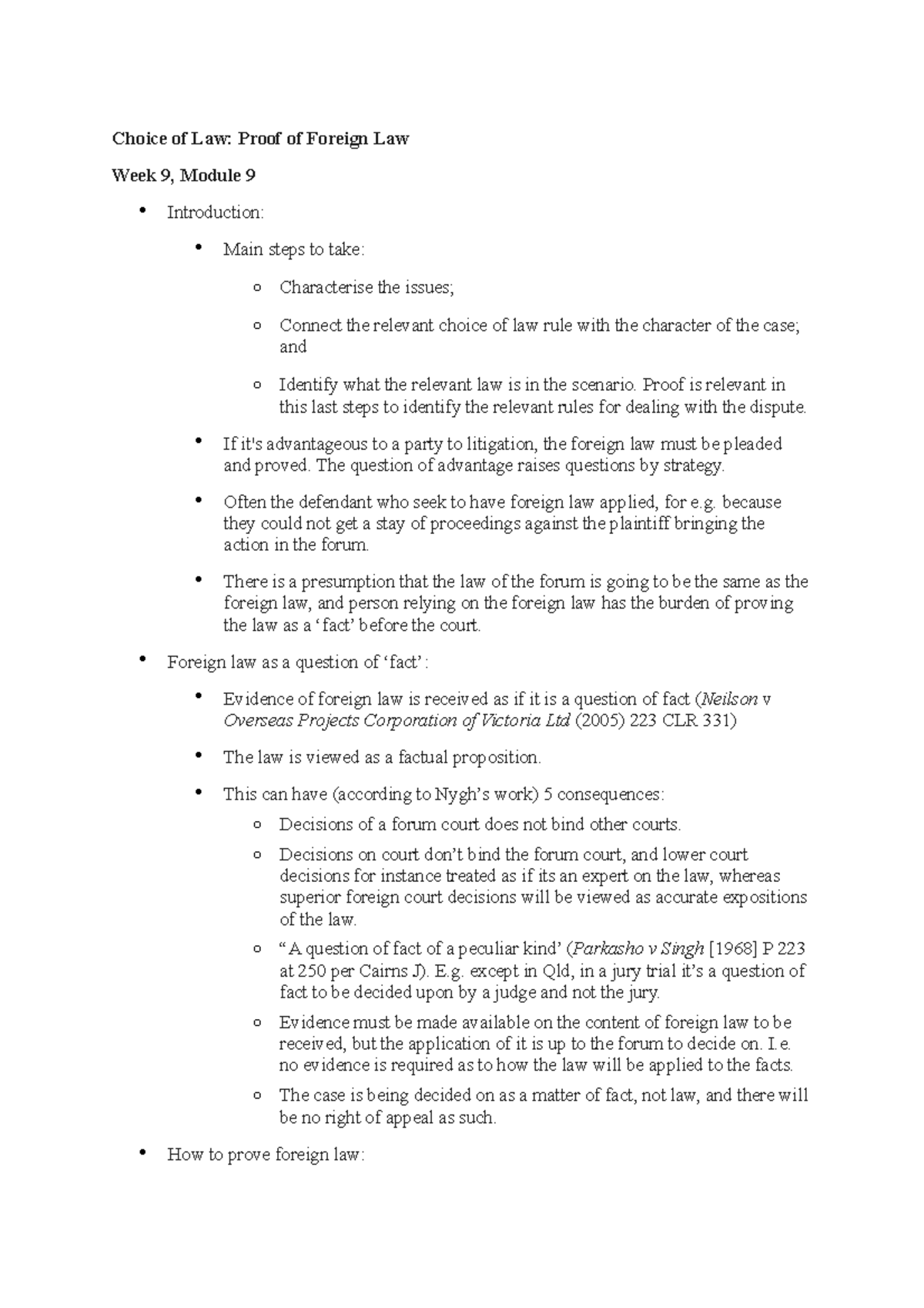 WEEK 9 - Lecture and tutorial notes - Choice of Law: Proof of Foreign ...