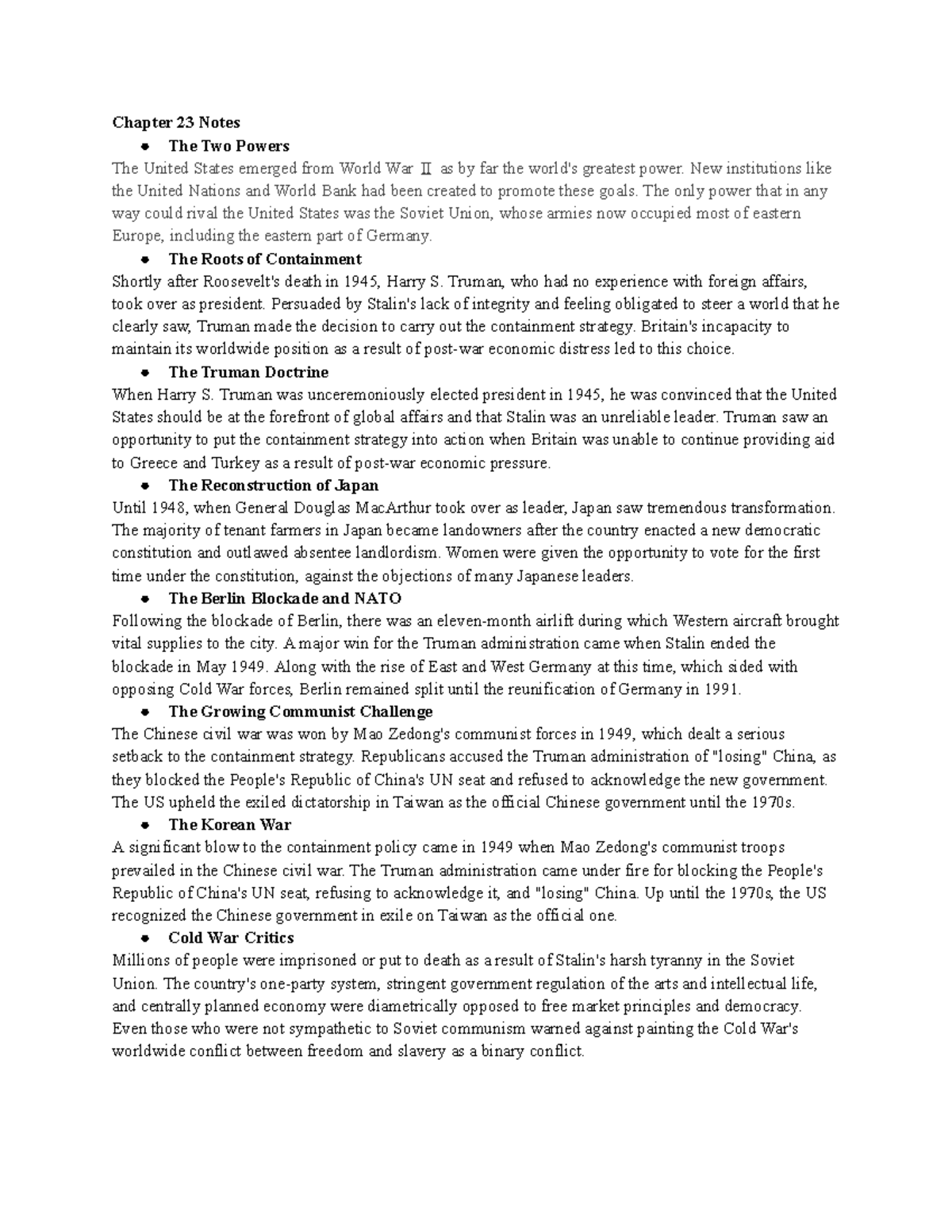 Chapter 23 Notes - Chapter 23 Notes The Two Powers The United States ...