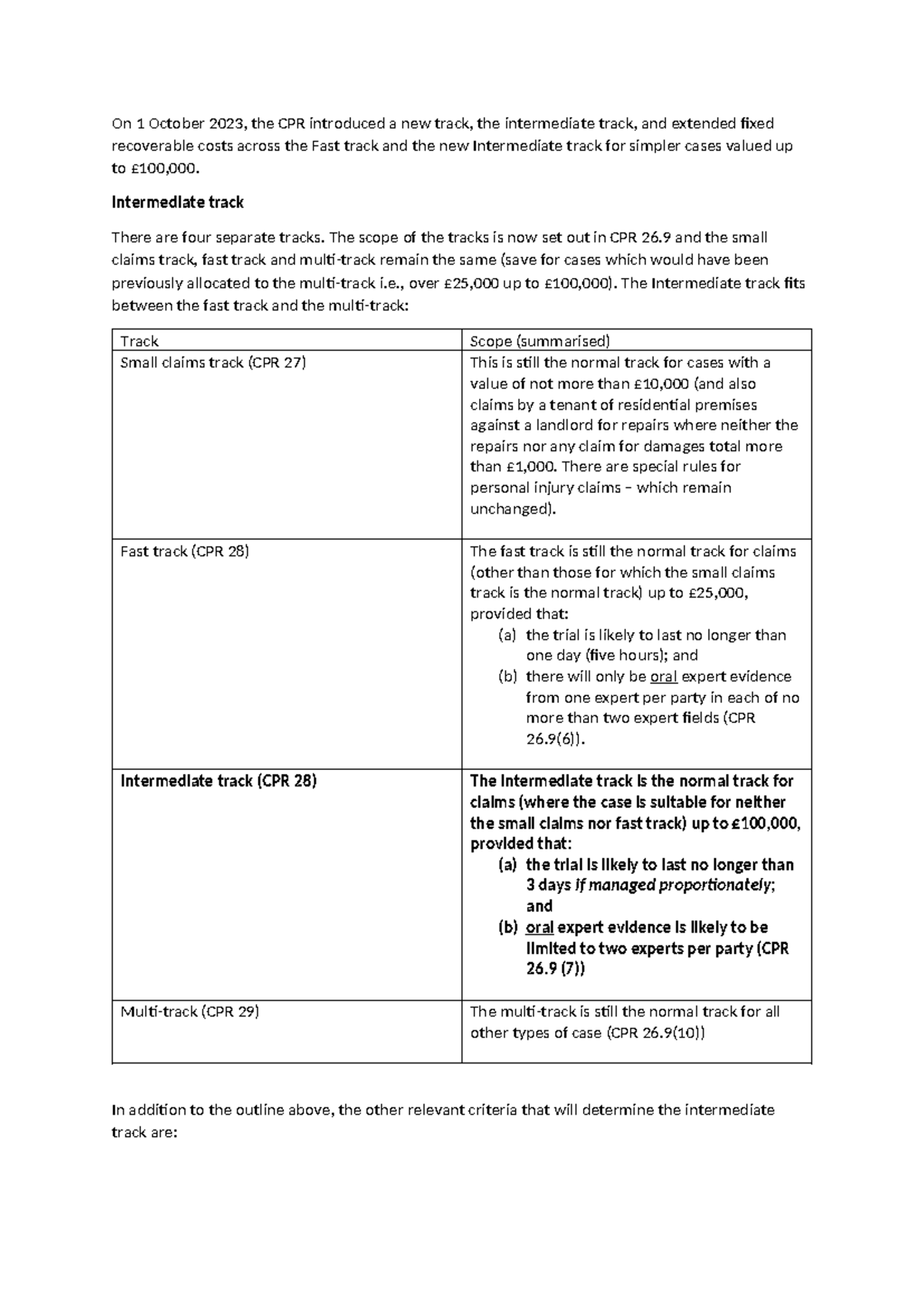 Update Note re Intermediate Track - On 1 October 2023, the CPR ...