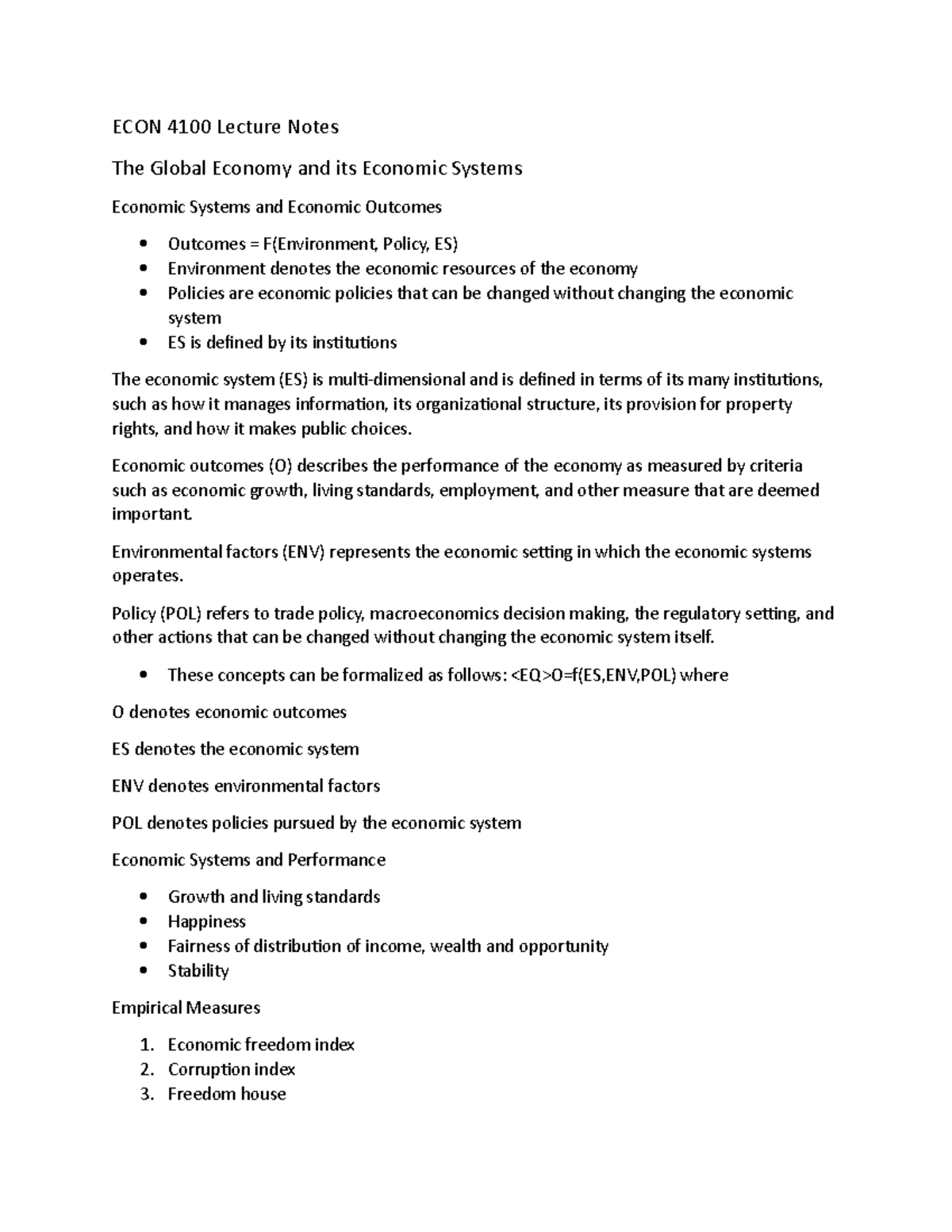 ECON 4100 Lecture Notes - ECON 4100 Lecture Notes The Global Economy ...