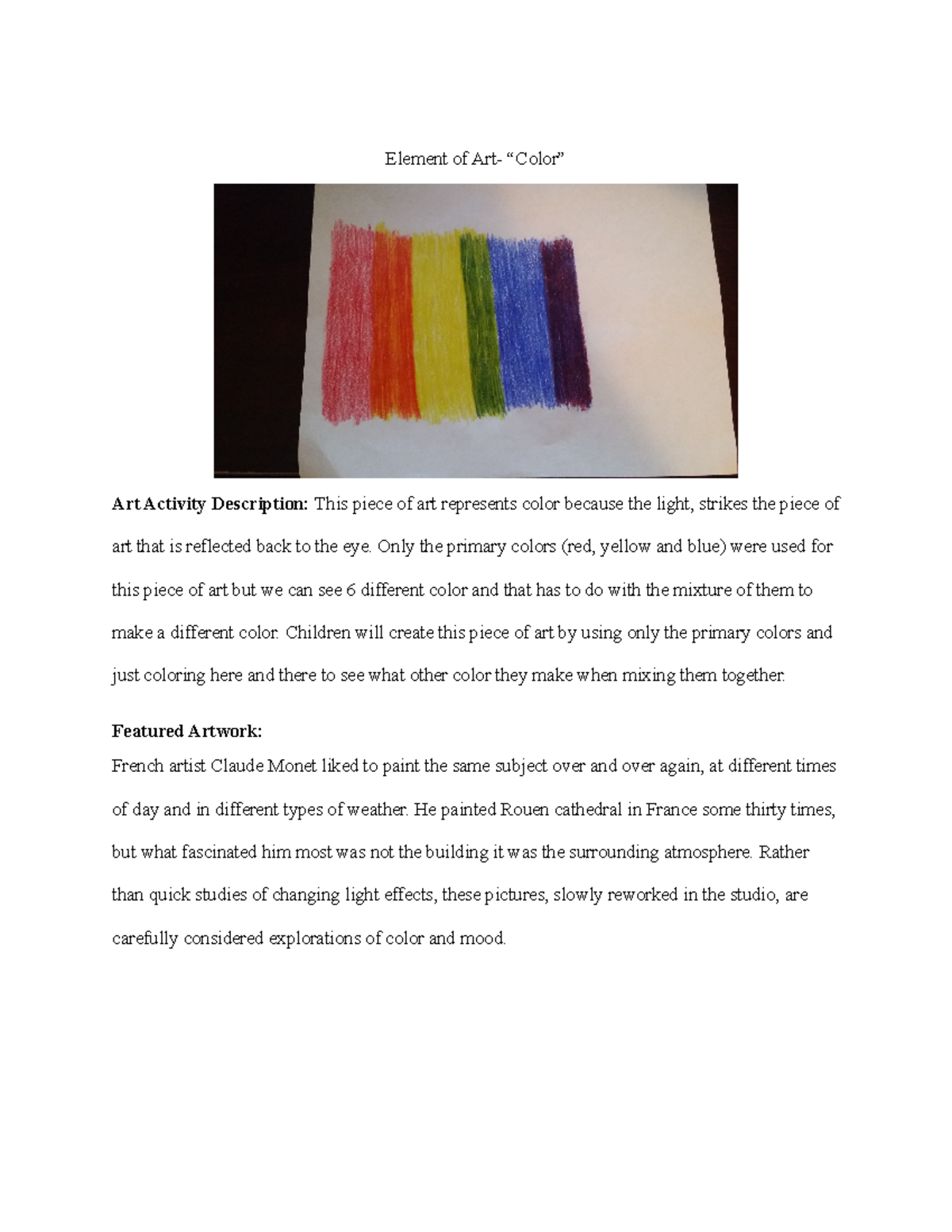 Element of Color - Element of Art- “Color” Art Activity Description ...