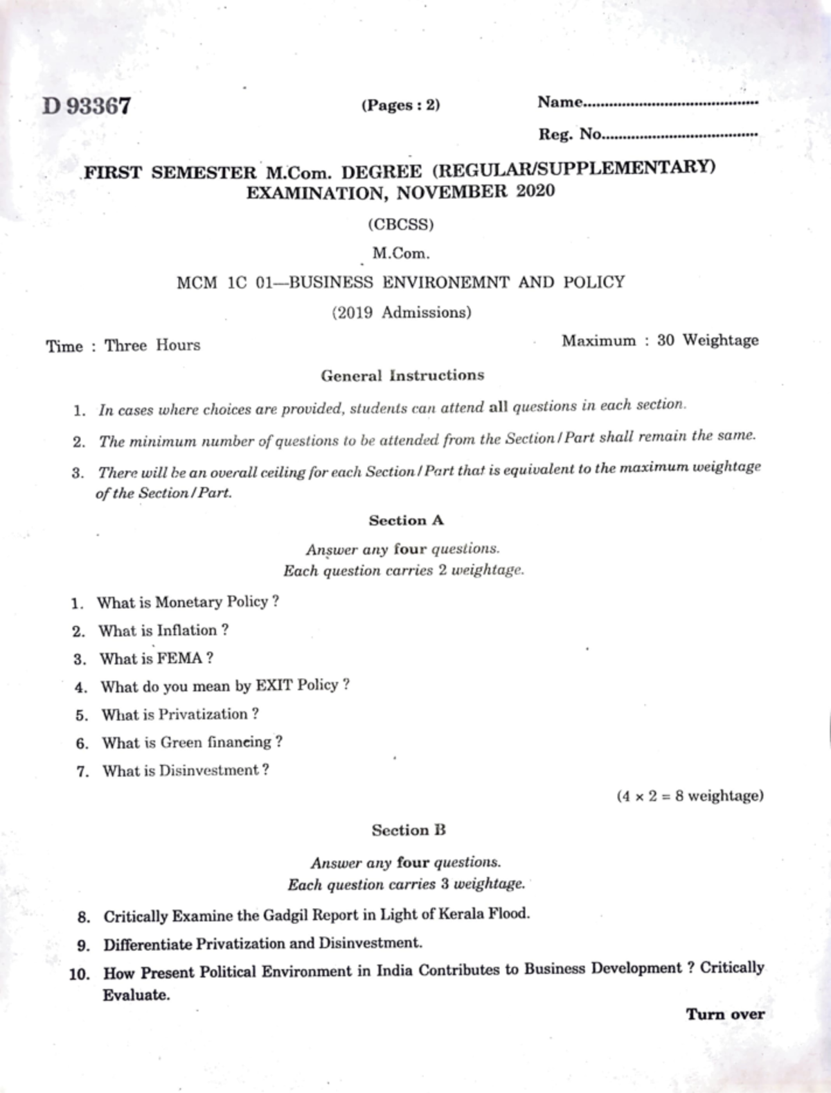 Business Environment AND Policy question paper - D9336 7 (Pages: 2 ...