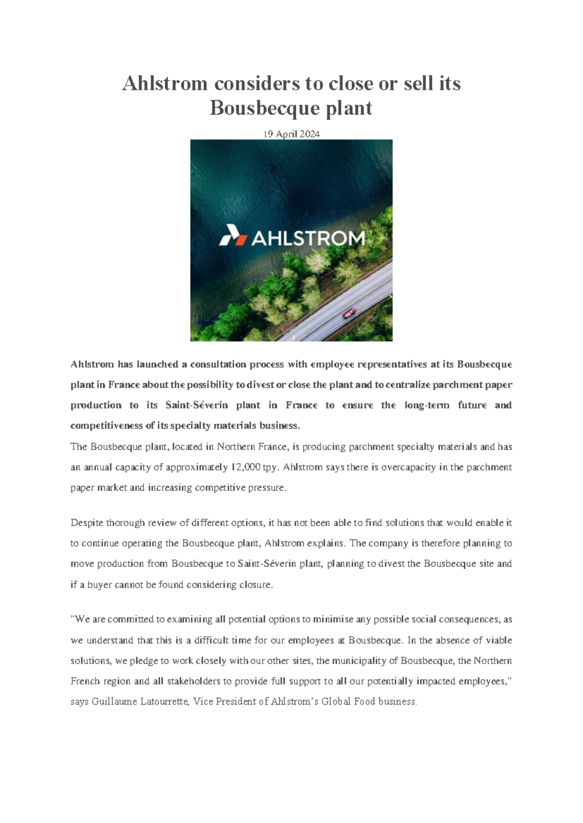 Newspaper article (Class 2) Ahlstrom considers to close or sell its ...