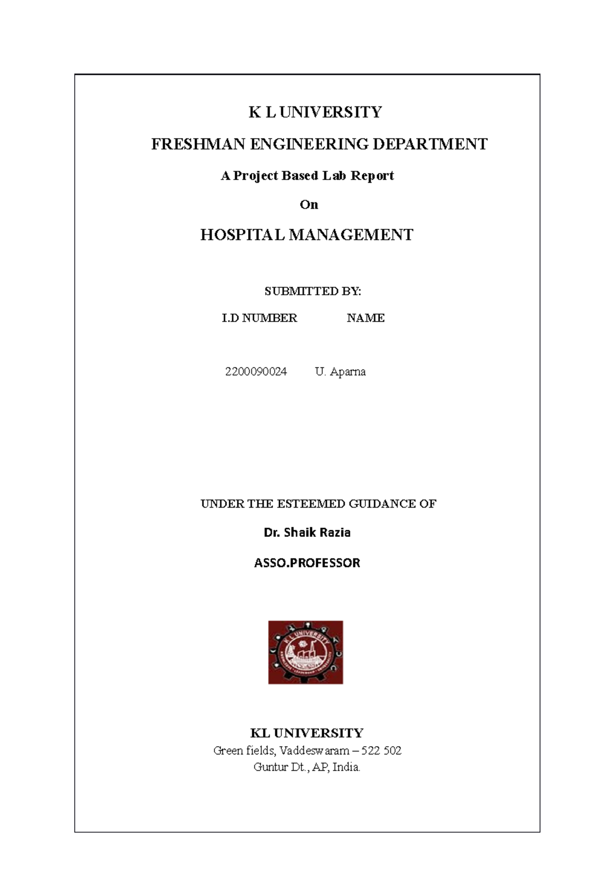 DS Final Project - K L UNIVERSITY FRESHMAN ENGINEERING DEPARTMENT A ...