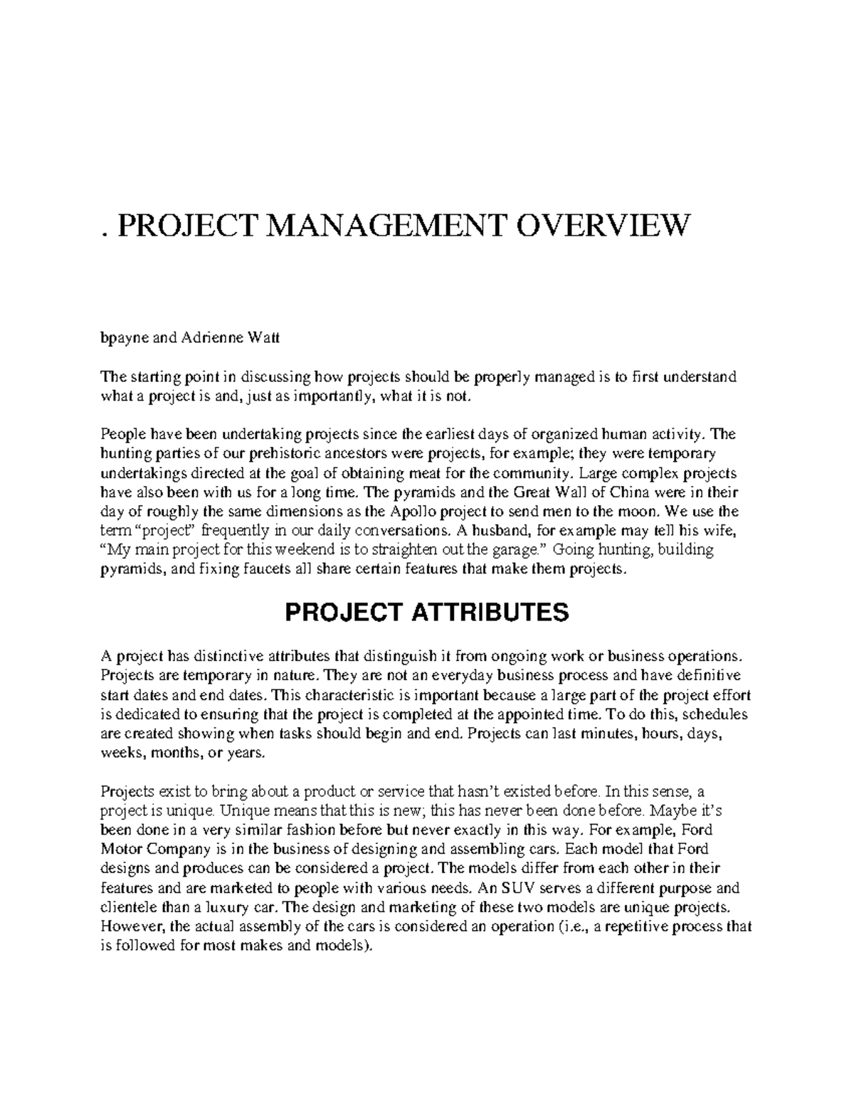 Project Management Overview - . PROJECT MANAGEMENT OVERVIEW bpayne and ...