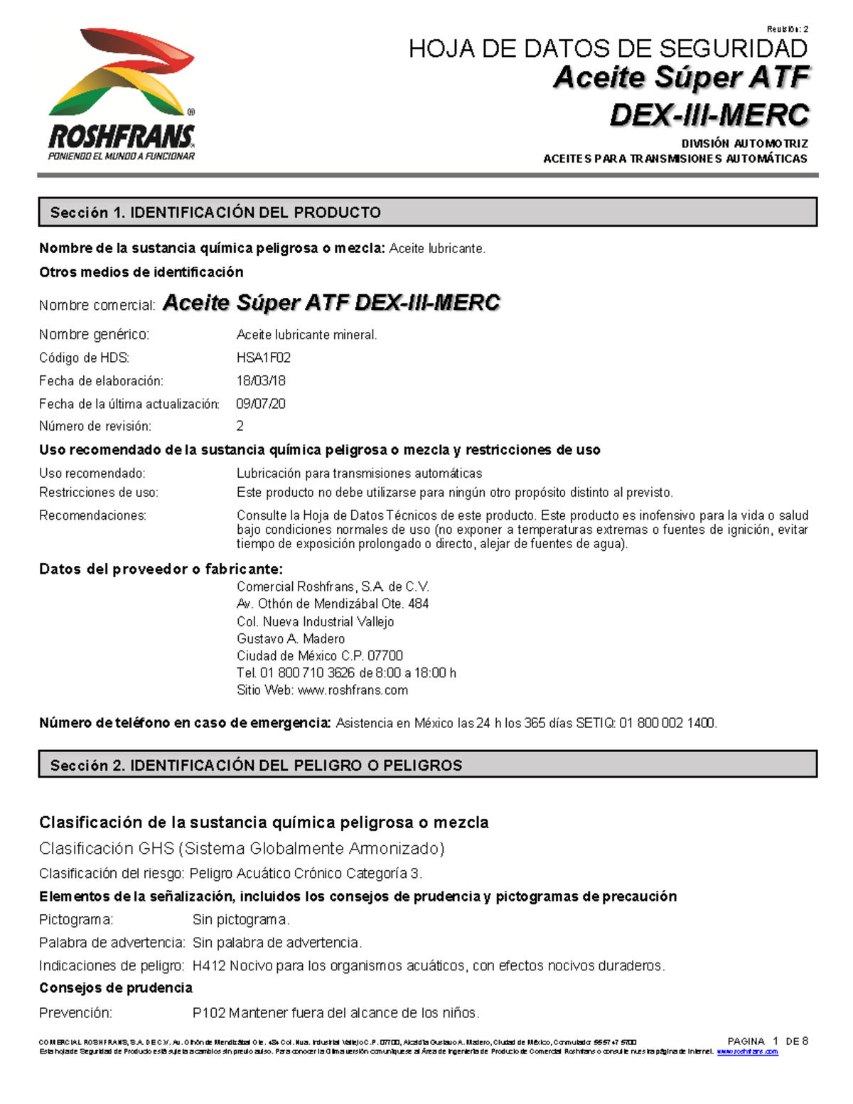 27 HDS Aceite Super ATF DEX-III-MERC - HOJA DE DATOS DE SEGURIDAD ...