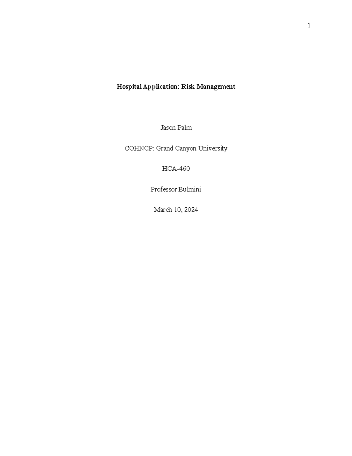 Hospital Application Risk Management - 1 Hospital Application: Risk ...