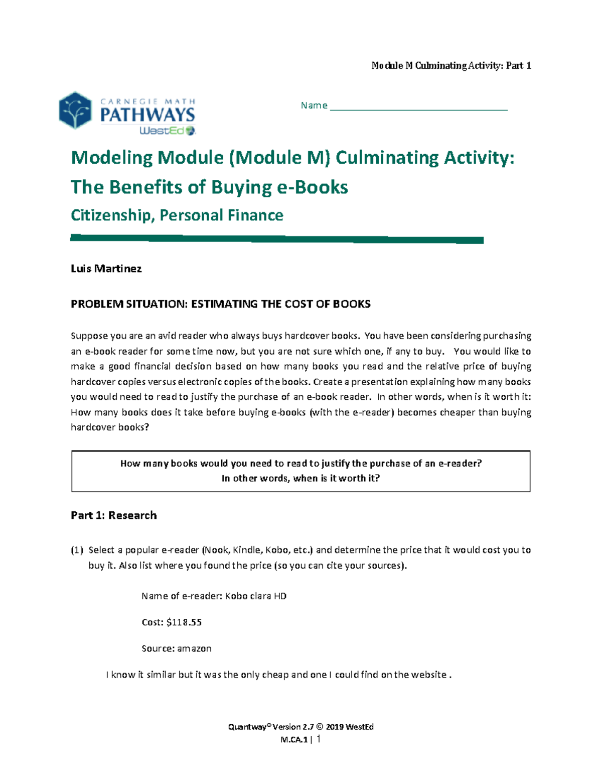 Mod M Culminating Activity Part 1 (books) Luis Martinez - Name
