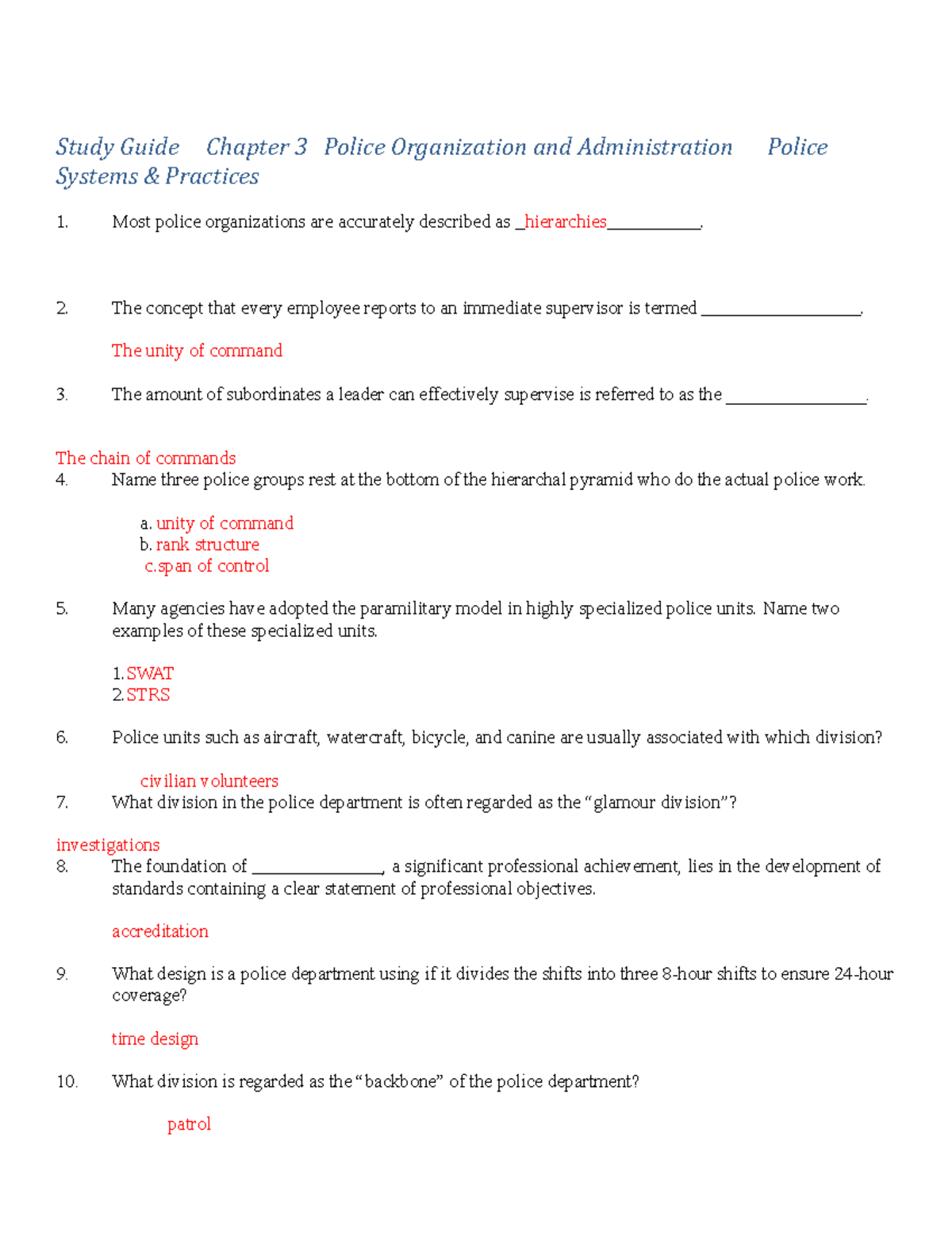 Study Guide Chapter 3-Police Organization and Administration - The ...