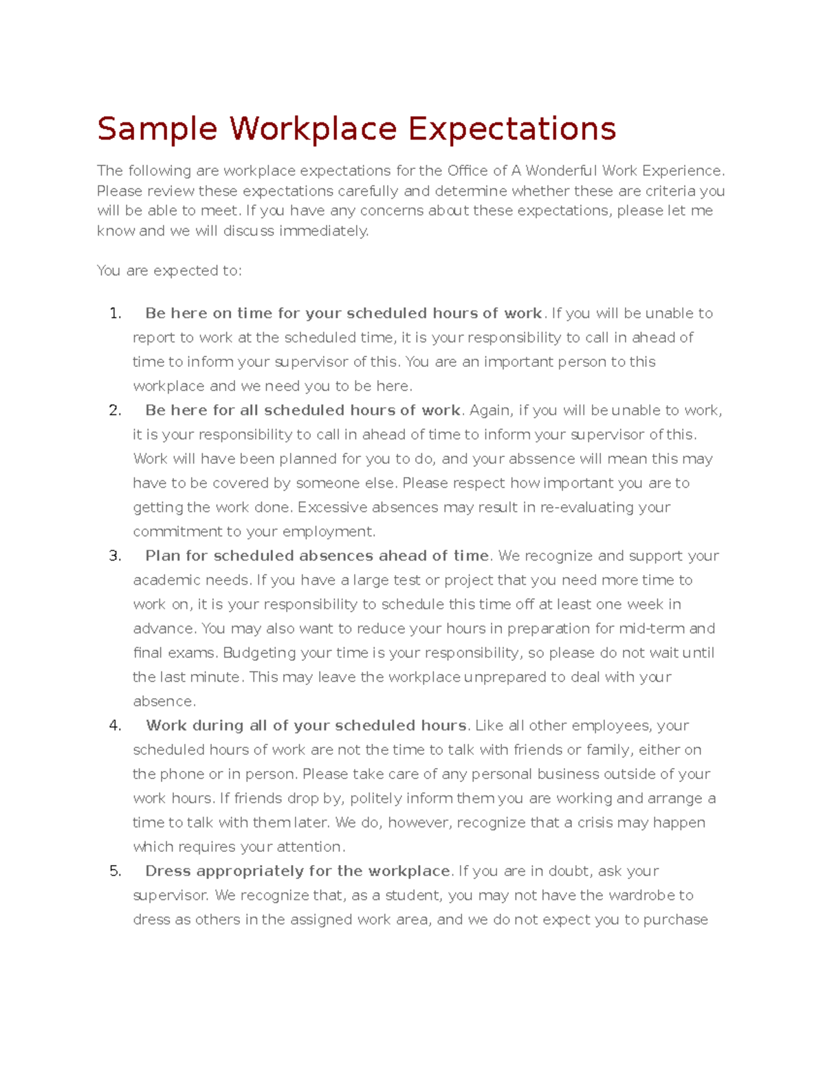 Sample workplace expectations contract - Sample Workplace Expectations ...