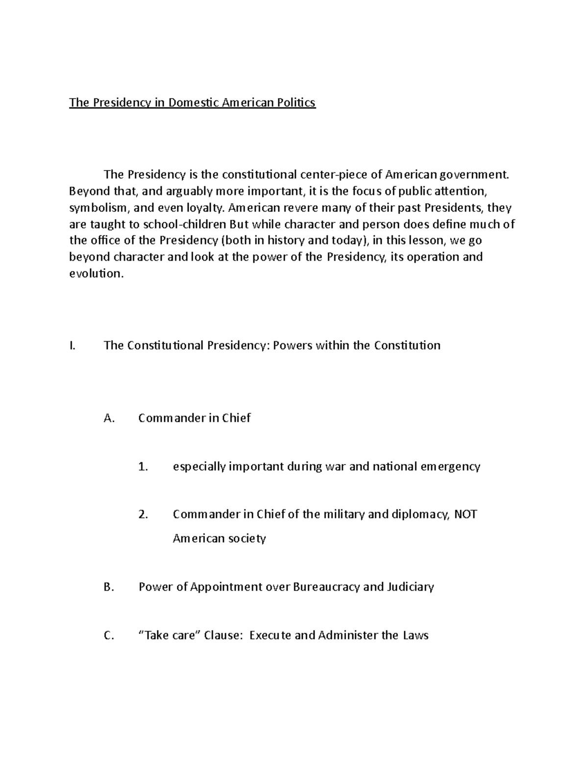 Political Science Seminar Presidency - The Presidency in Domestic ...