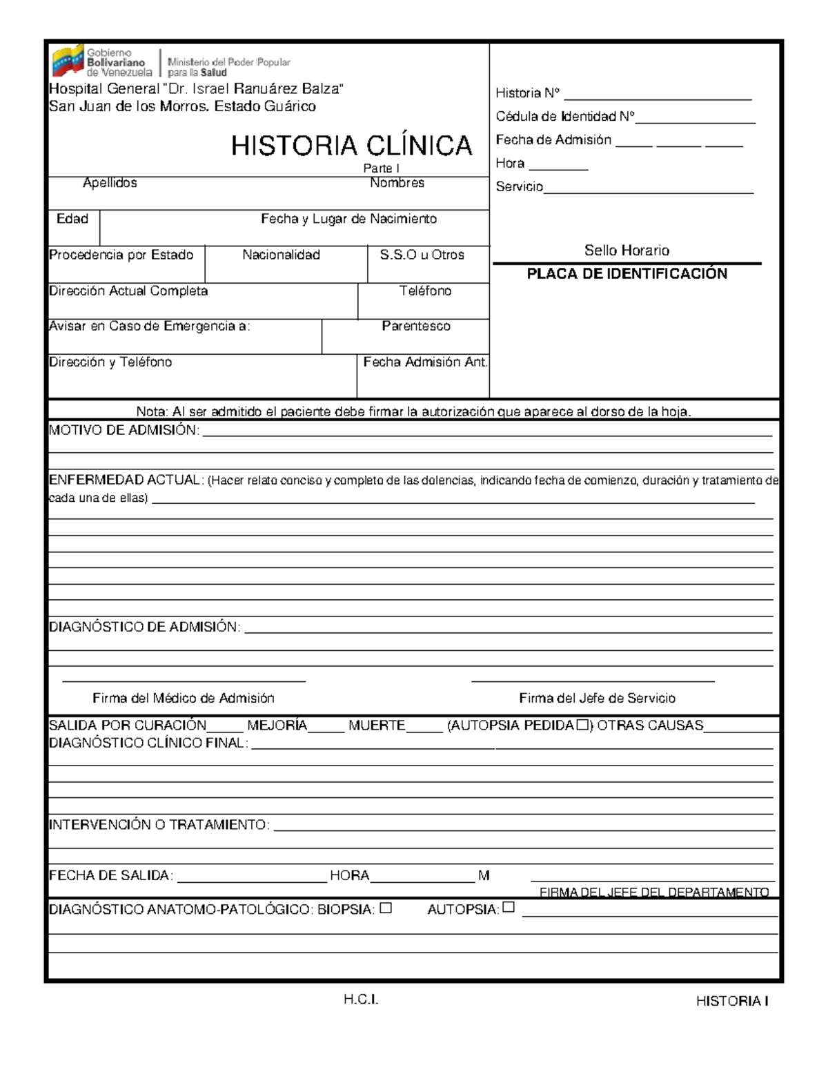 Modelo de Historia Clínica HIRB - San Juan de los Morros. Estado ...