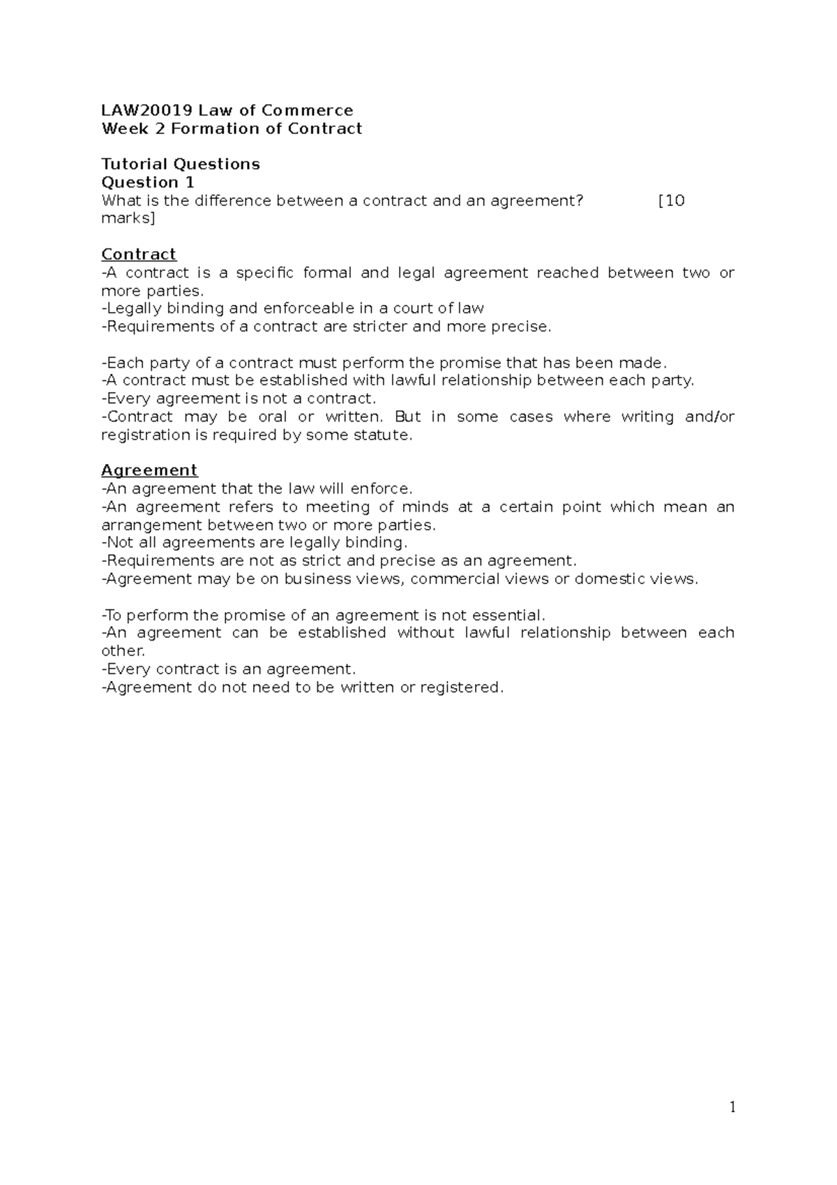 Week 2 Tutorial Ans Draft - LAW20019 Law of Commerce Week 2 Formation of Contract Tutorial ...