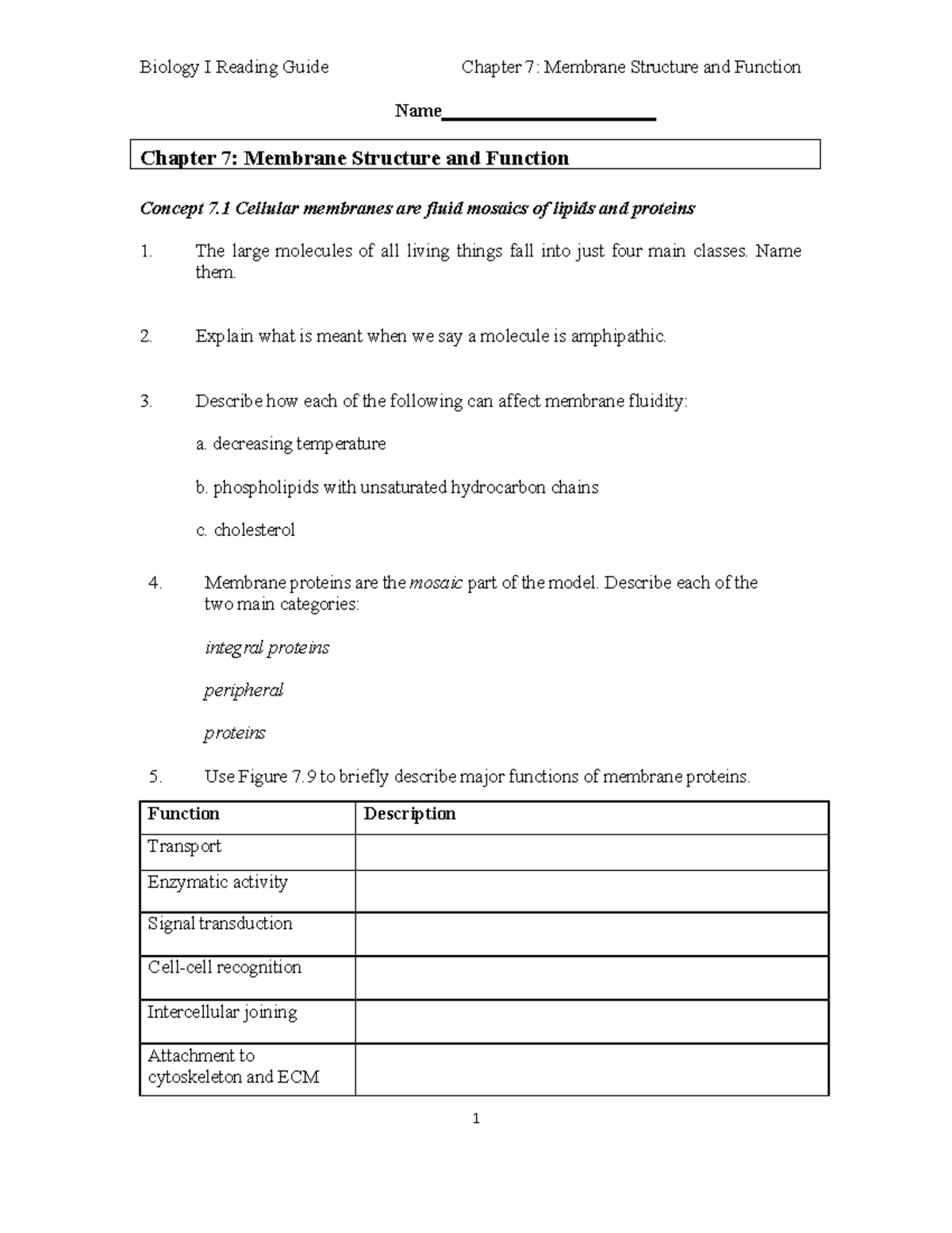 Chapter 7 Study Guide - Name Chapter 7: Membrane Structure and Function Concept 7 Cellular ...