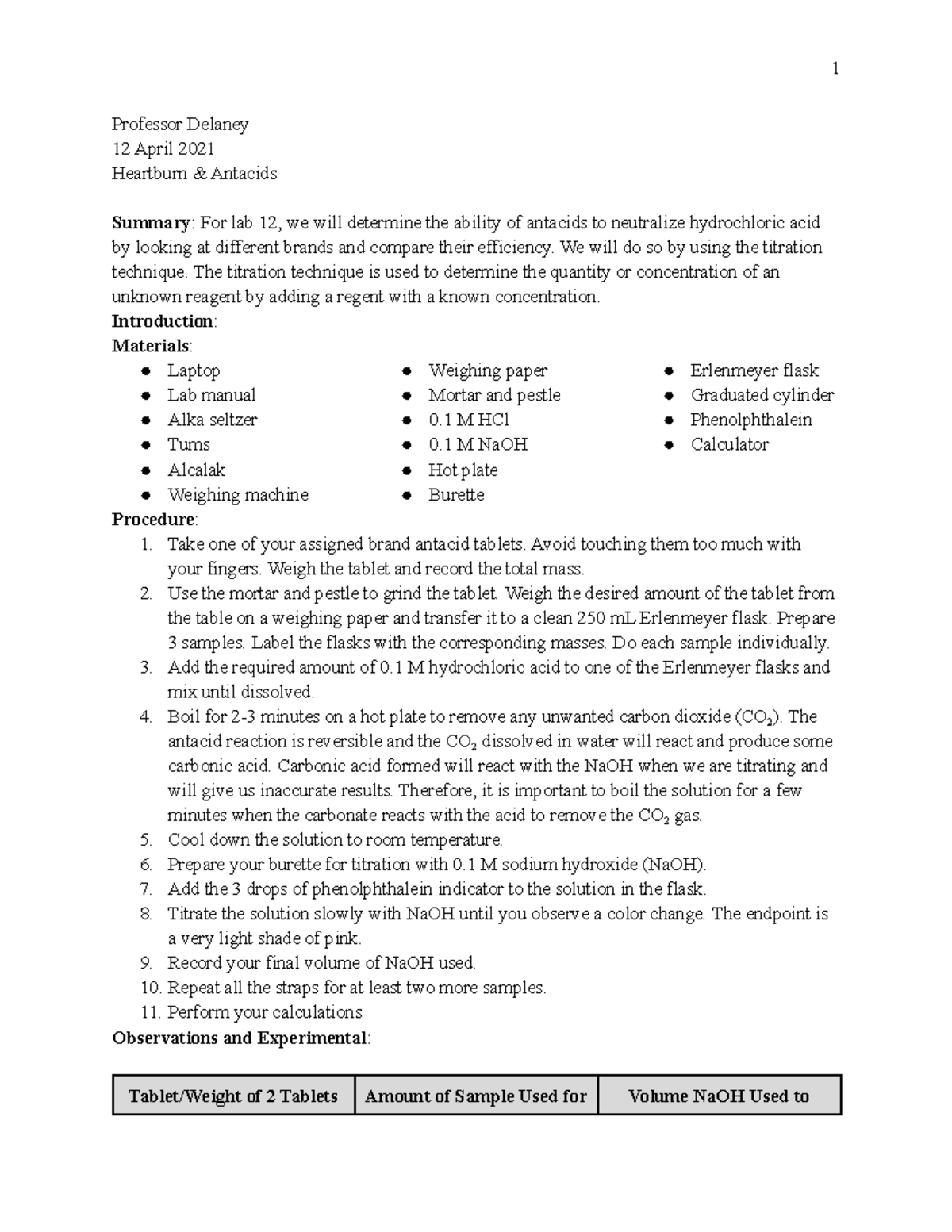 CHEM 106-06 LAB 12 - Lab report - Professor Delaney 12 April 2021 ...