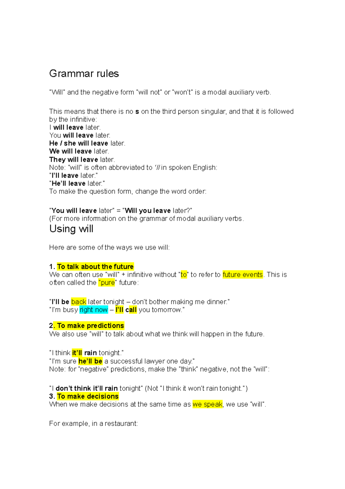 Grammar rules - ingles - Grammar rules “Will” and the negative form ...