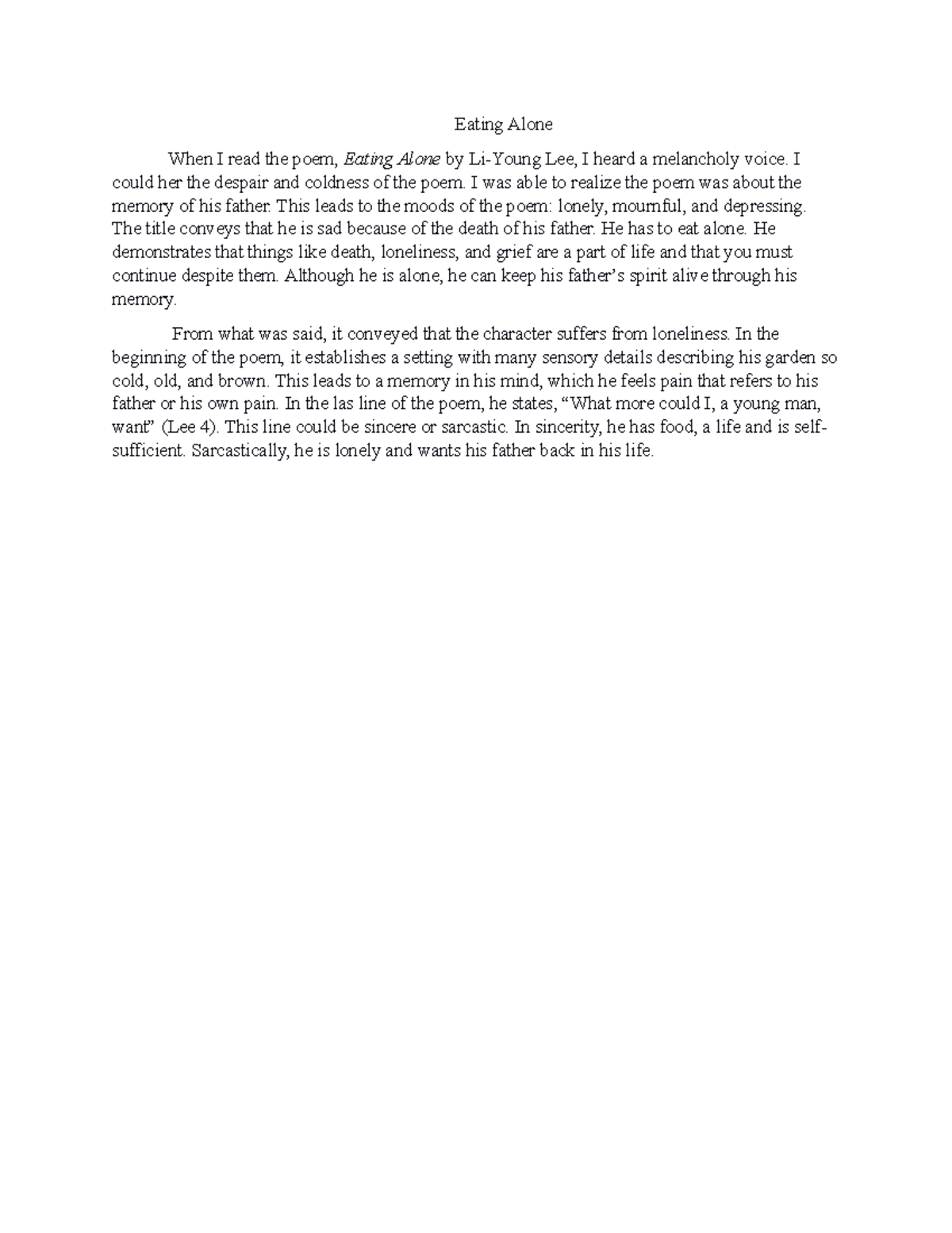 Eating Alone - Grade: A - Eating Alone When I read the poem, Eating ...