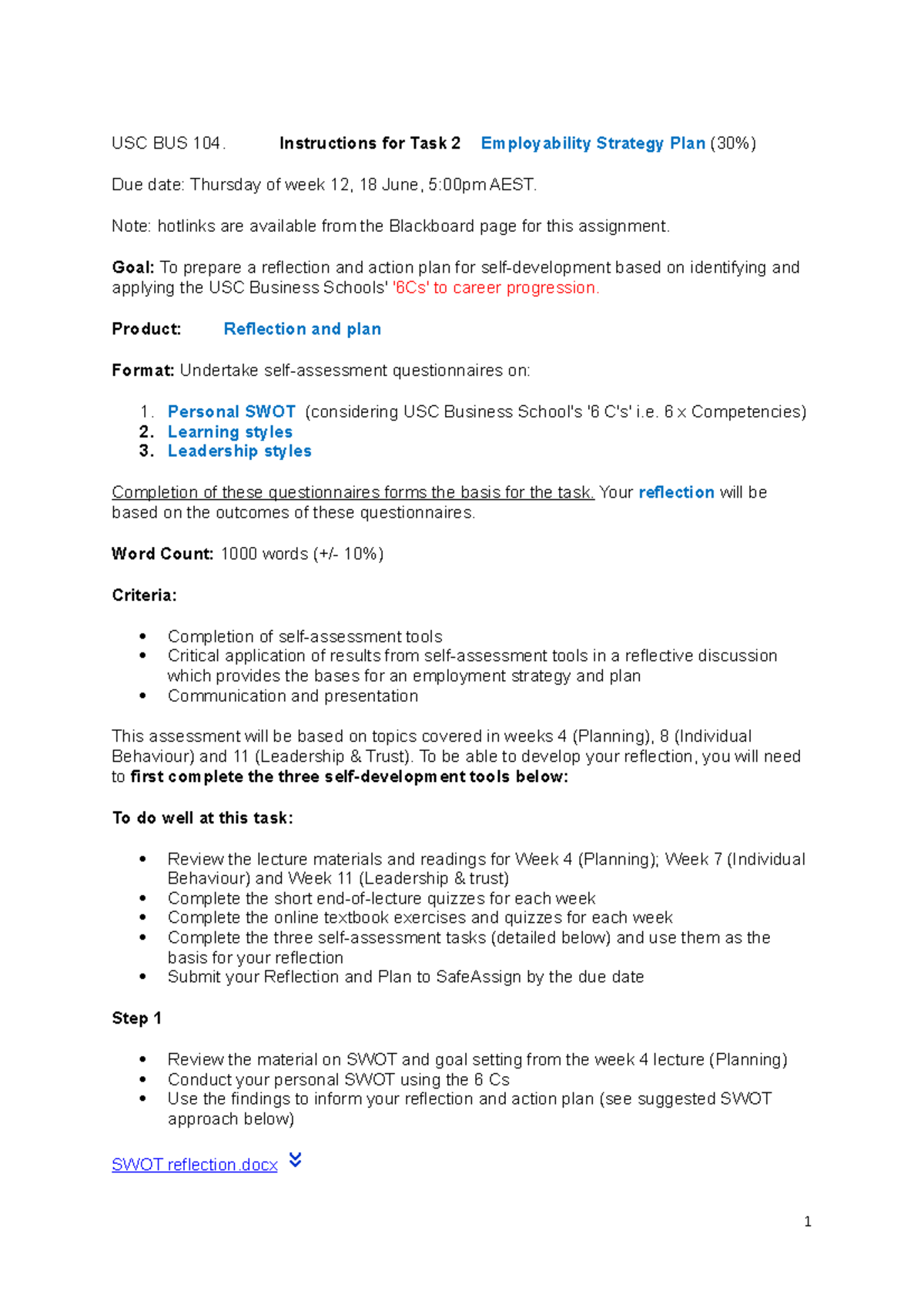 BUS 104 Task 2 Instructions - USC BUS 104. Instructions for Task 2 Employability Strategy Plan ...