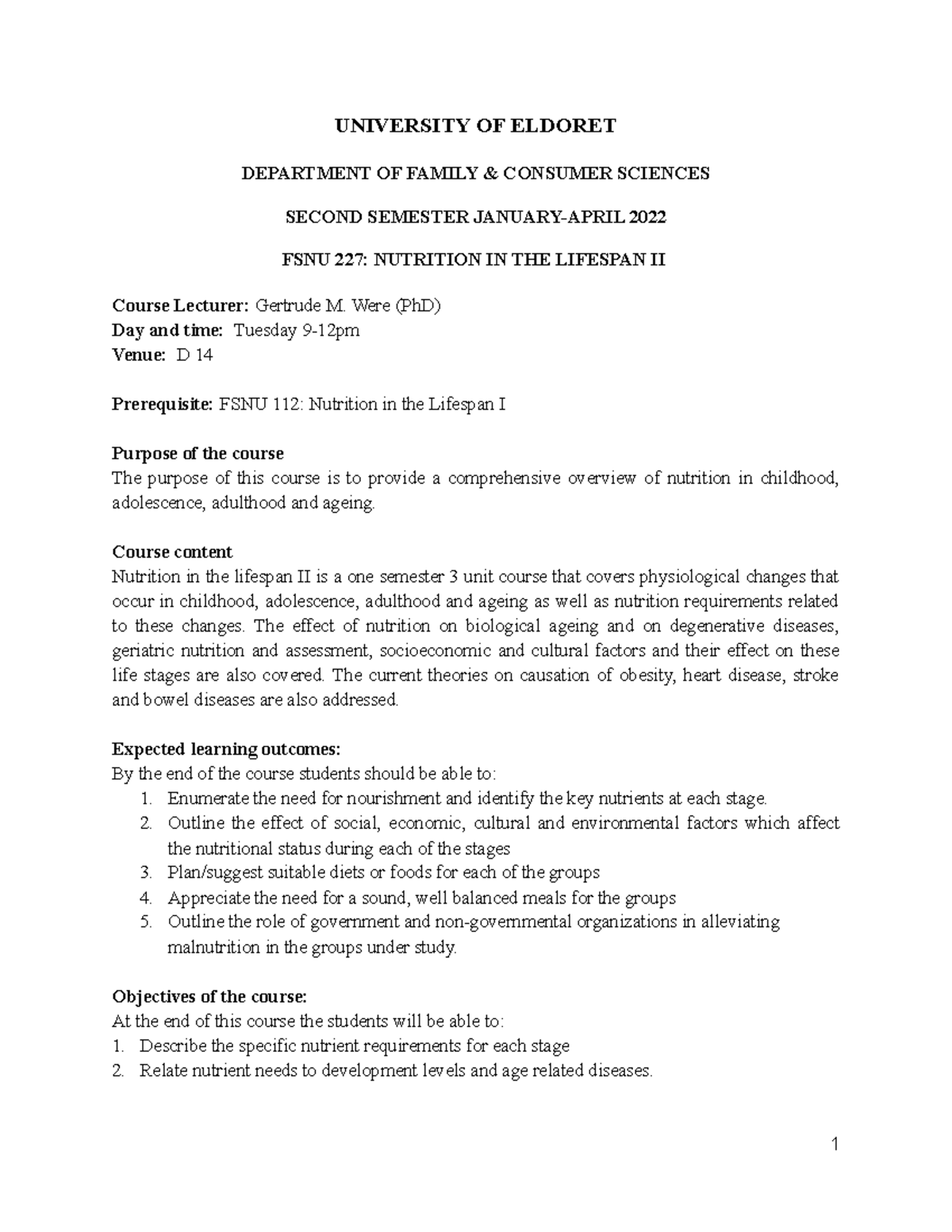 Nutrition in the Lifespan II Course Outline-1 - UNIVERSITY OF ELDORET ...