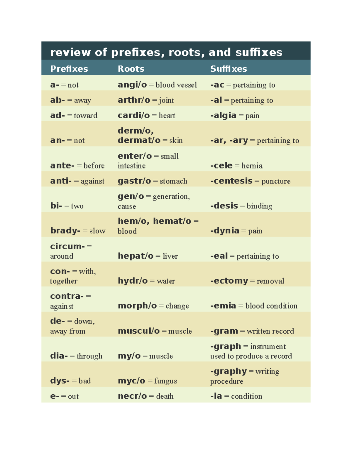 Chapter 1 - Common medical prefixes/ suffix - review of prefixes, roots ...