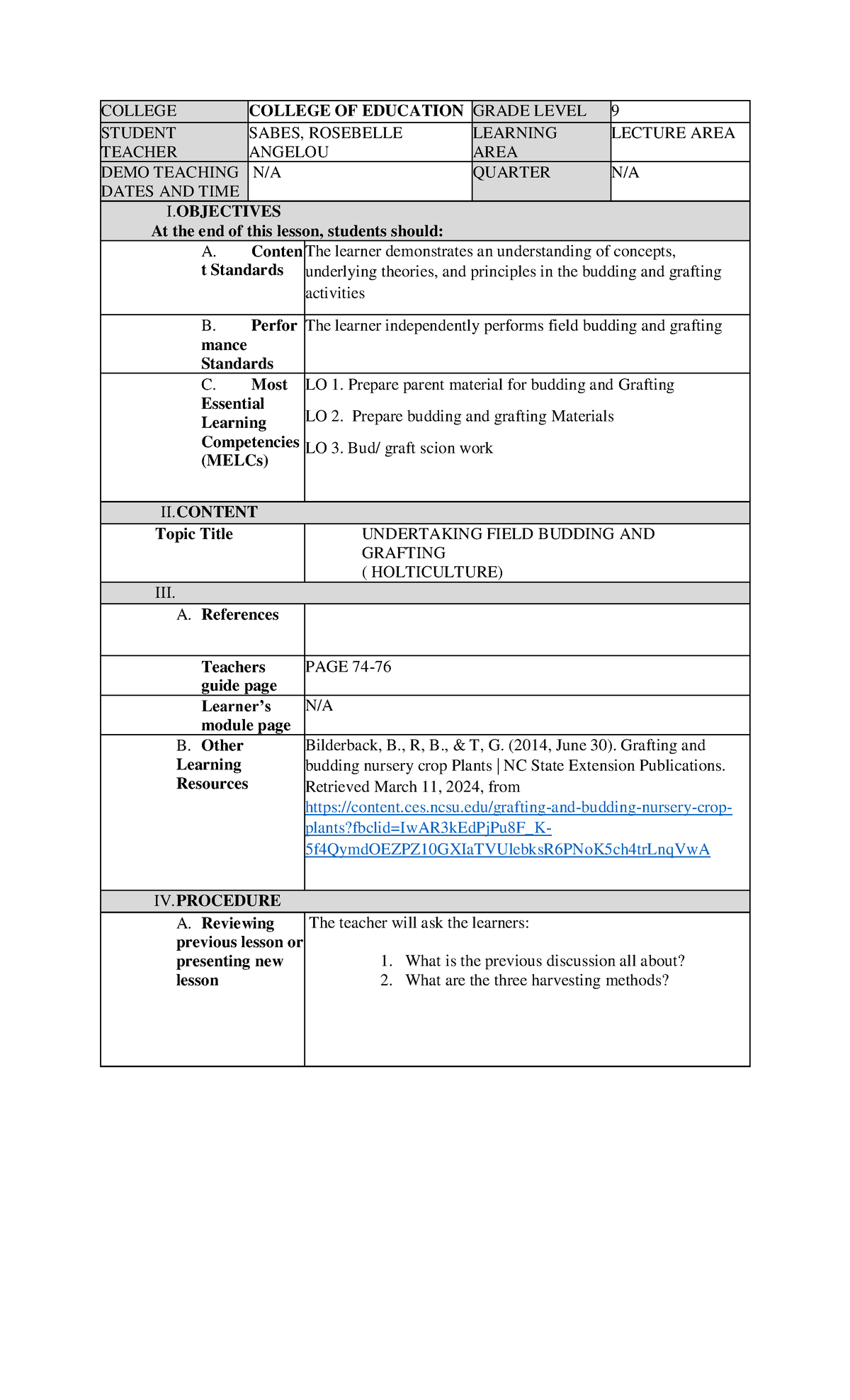 Lesson plann undertaking field of budding and grafting final-1 ... Lesson plann undertaking field of budding and grafting final-1 ...