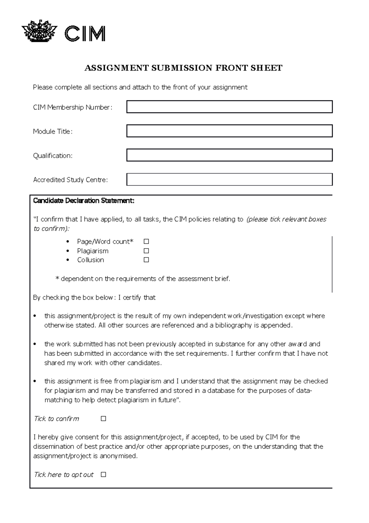 Assignment submission front sheet 2019 1 - ASSIGNMENT SUBMISSION FRONT ...