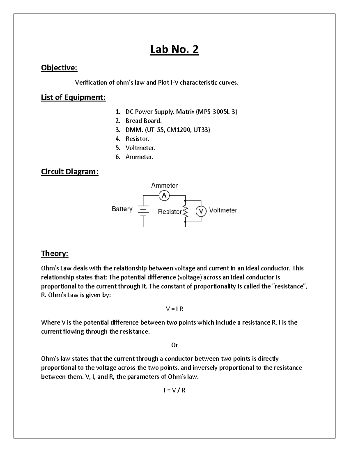 Lab 2 - Lab - Lab No. 2 Objective: Verification of ohm’s law and Plot I-V characteristic curves ...