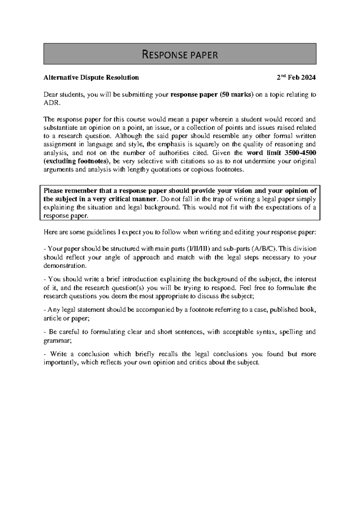 ADR Response Paper Guidelines - Alternative Dispute Resolution 2 nd Feb ...