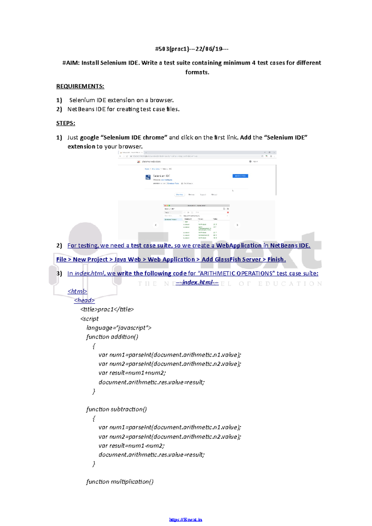 STQA Journal (2019 ) (E-next.in) - E-next #503(prac1)-22/06/19- #AIM: Install Selenium IDE ...