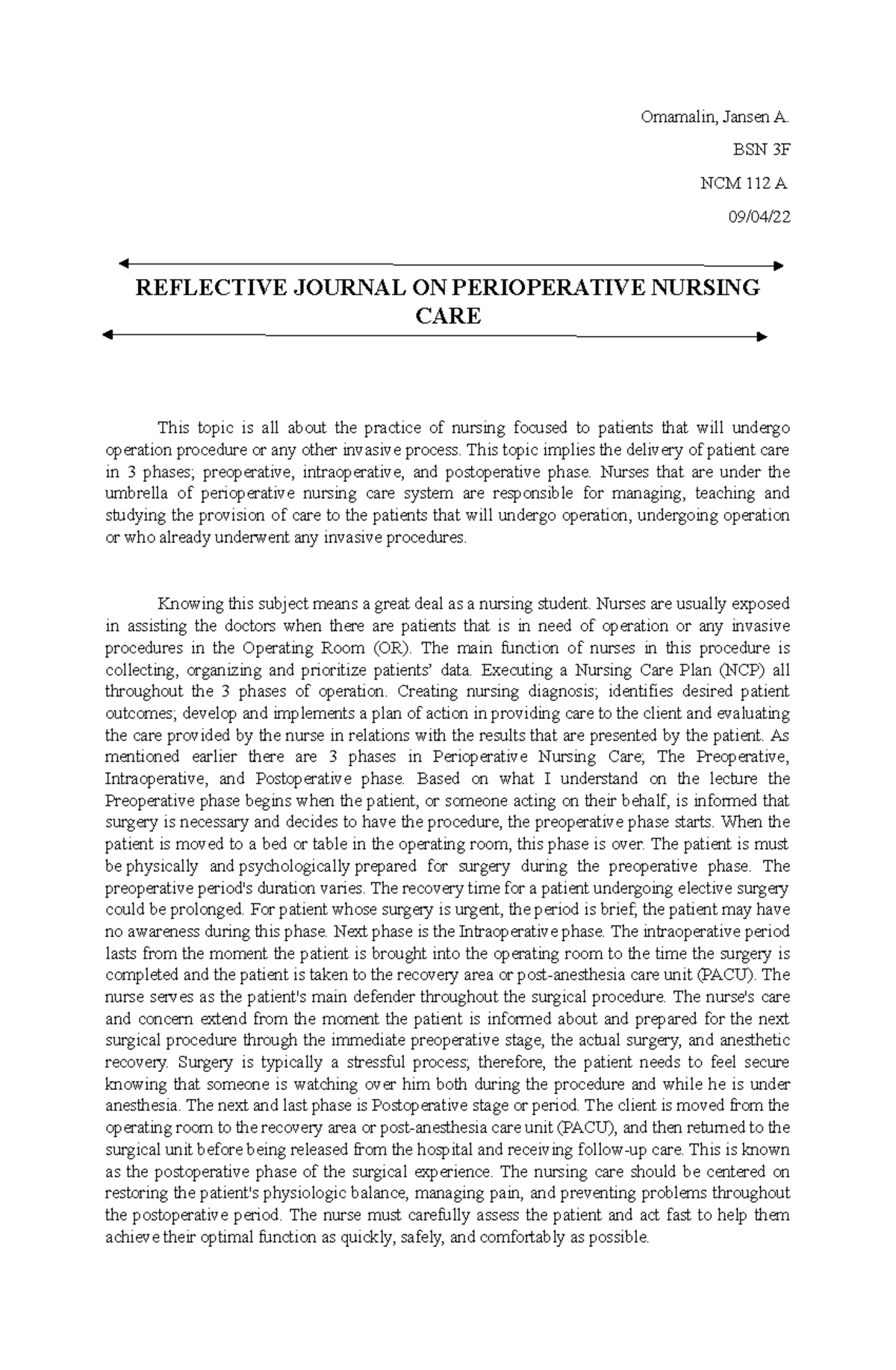 Reflective journal on perioperative - Omamalin, Jansen A. BSN 3F NCM ...