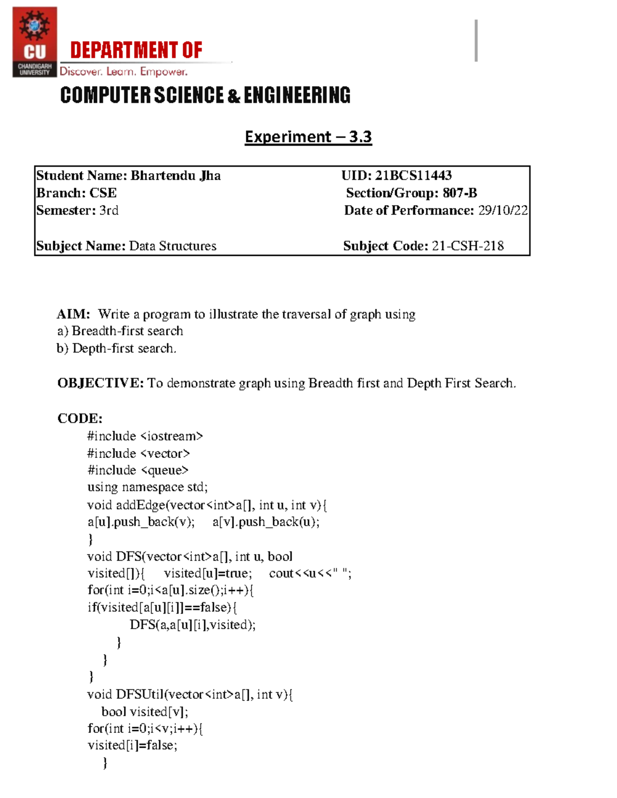 Bhartendu DS 3.3 2233 worksheet - DEPARTMENT OF COMPUTER SCIENCE ...