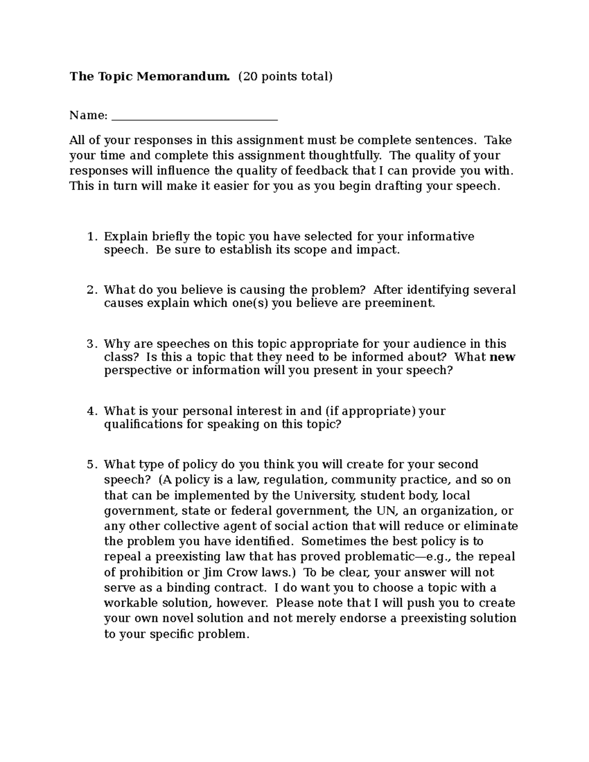 Blank Informative Topic Memo - The Topic Memorandum. (20 points total ...