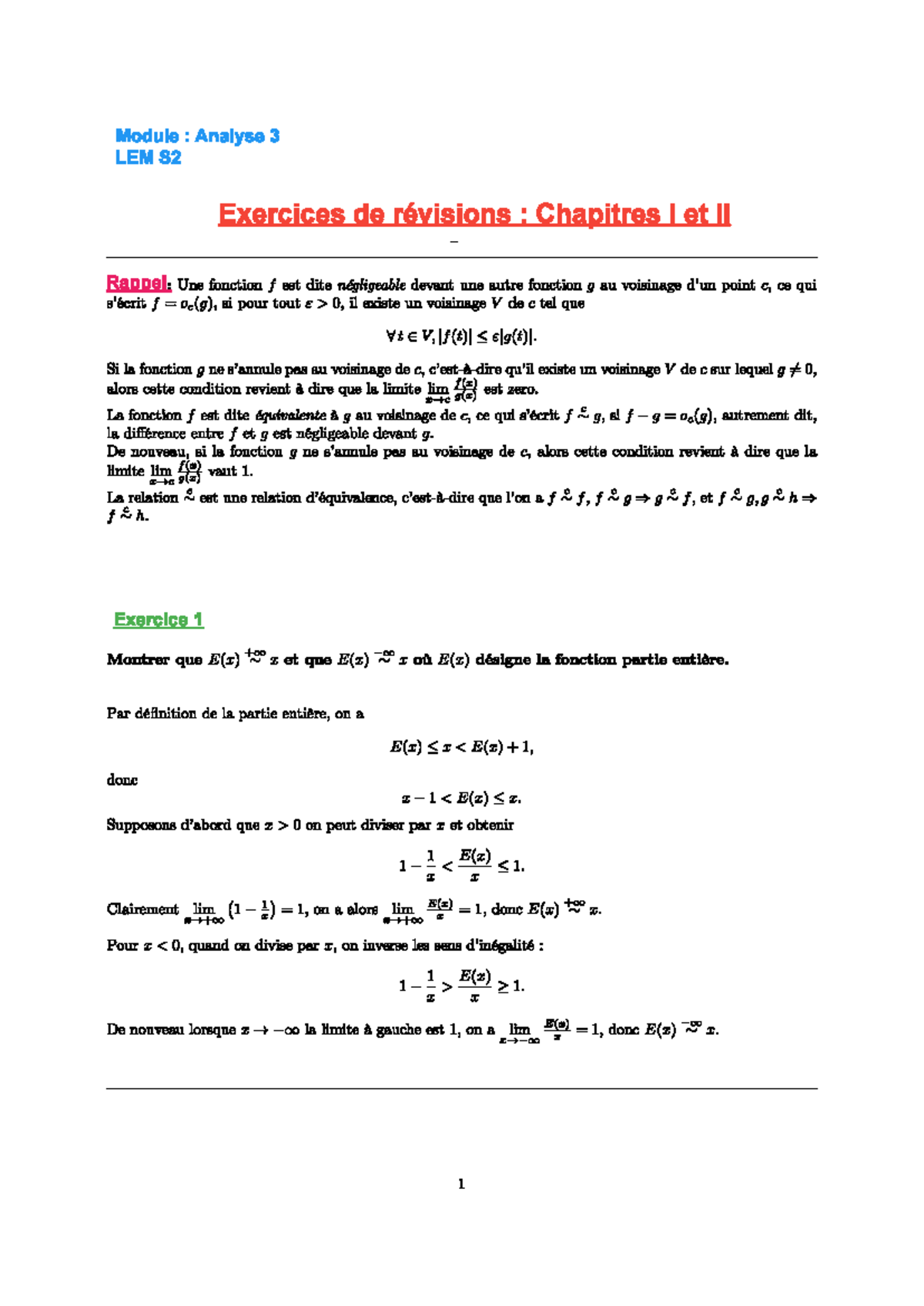 Exercices de revision (equivalences) - Analyse complexe - Studocu