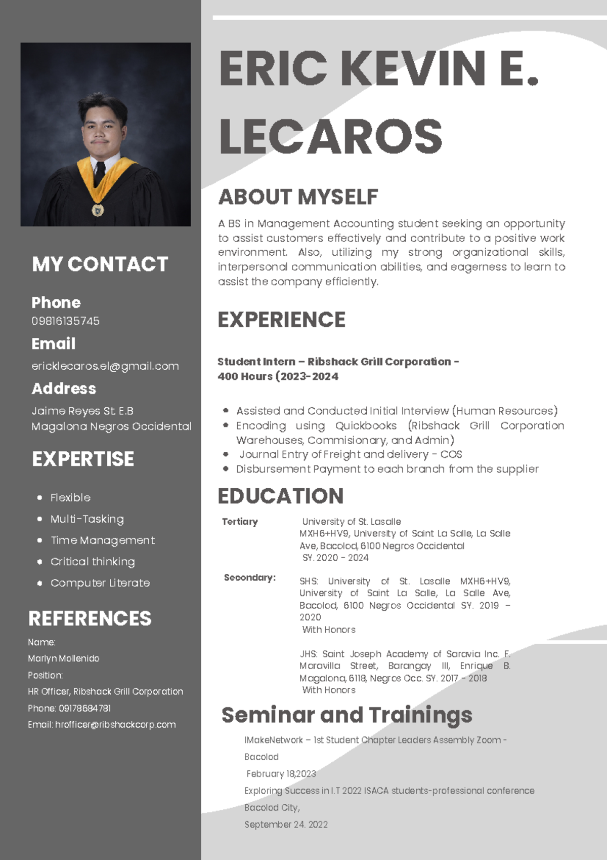 Grey White Modern Graphic Designer Resume - SHS: University of St. Lasalle MXH6+HV9, University ...