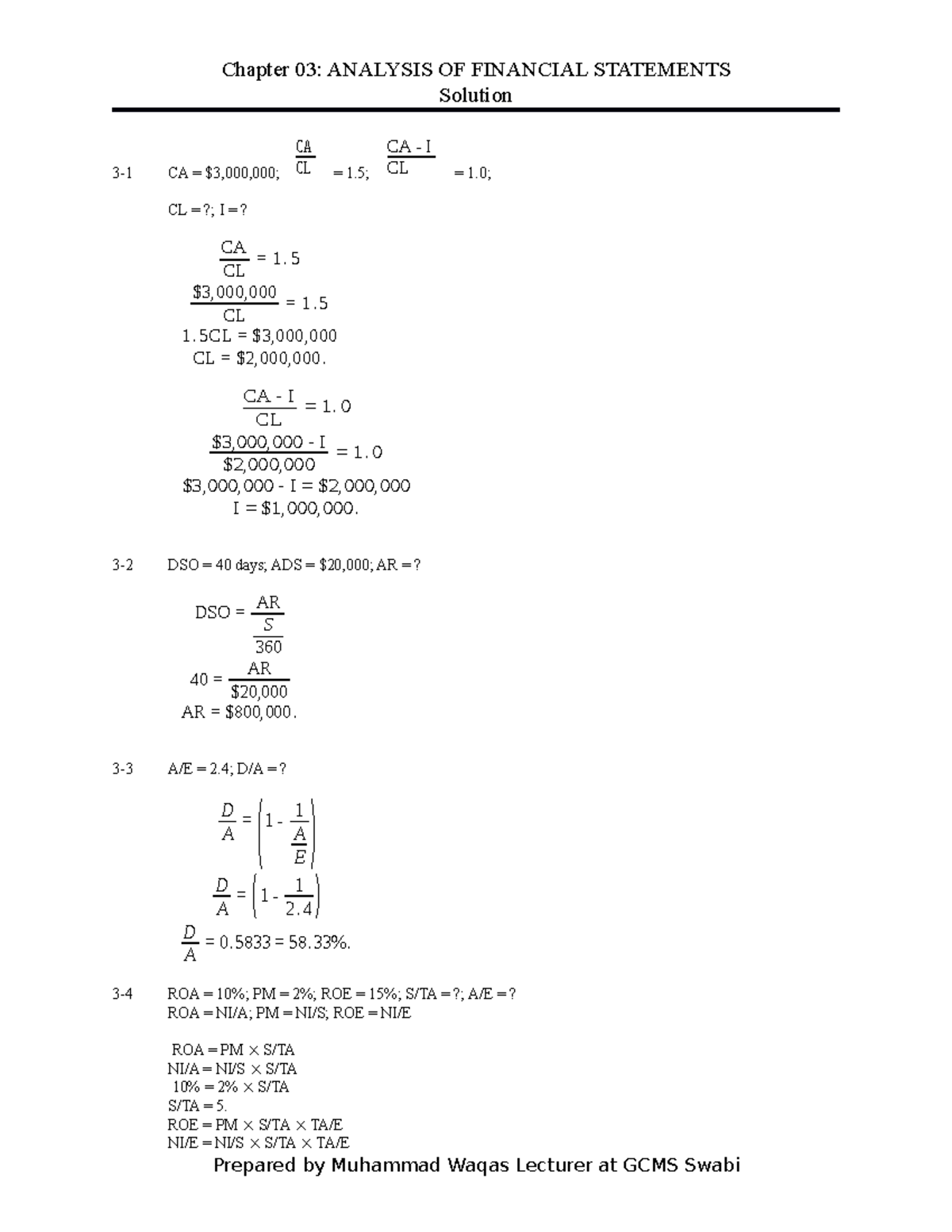 Analysis Of Financial Statements Chapter 03 ANALYSIS OF FINANCIAL