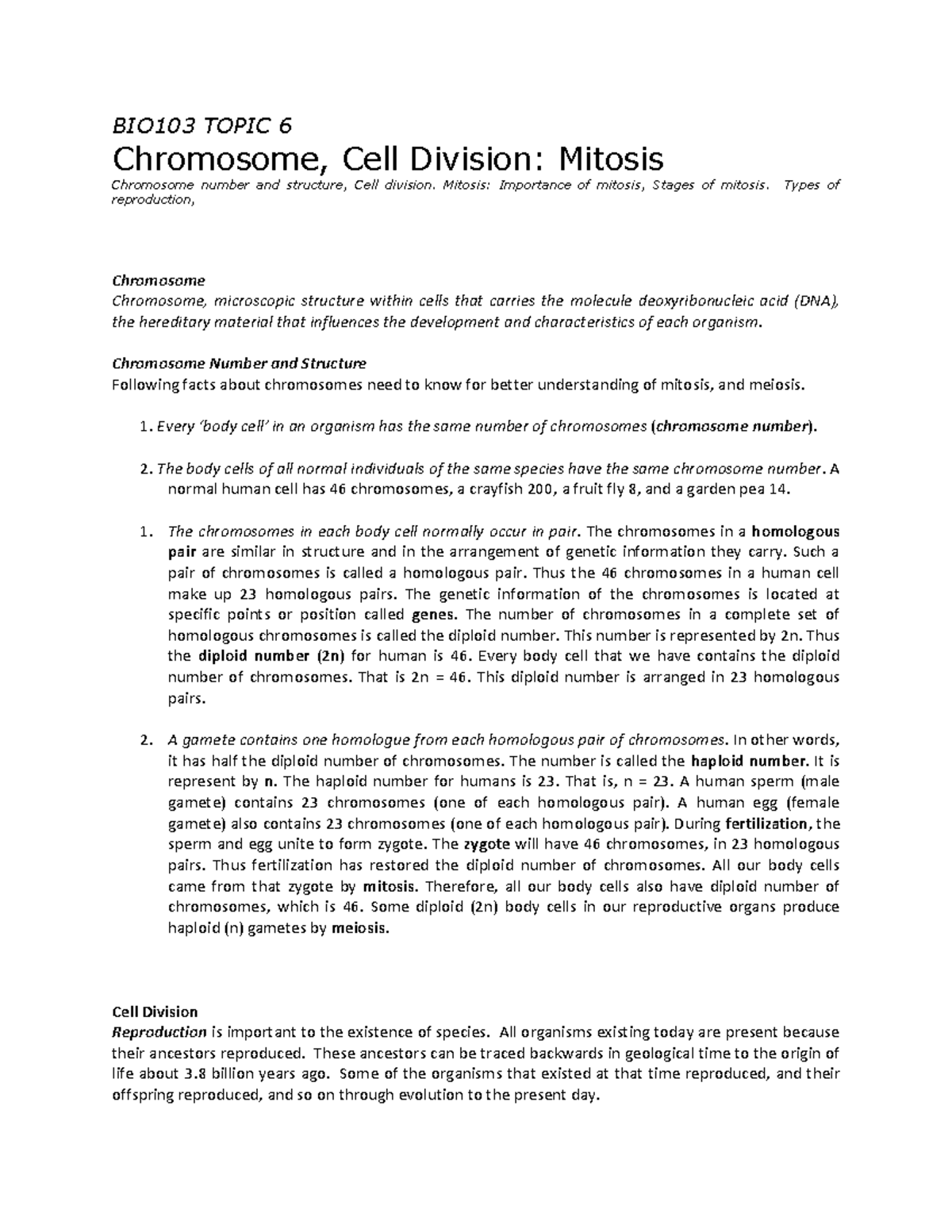 12. BIO103 - Topic - 06 - Notes - BIO103 TOPIC 6 Chromosome, Cell ...