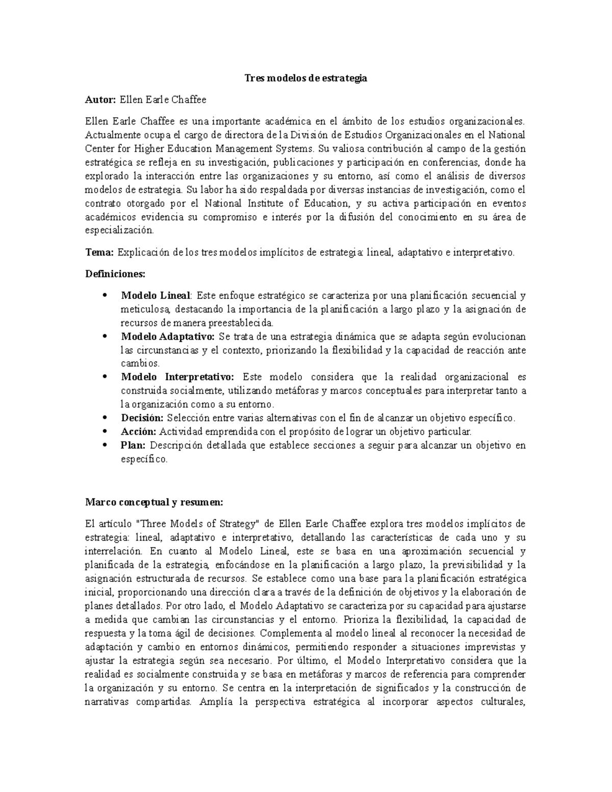 Reseña 7 de febrero - Tres modelos de estrategia Autor: Ellen Earle ...