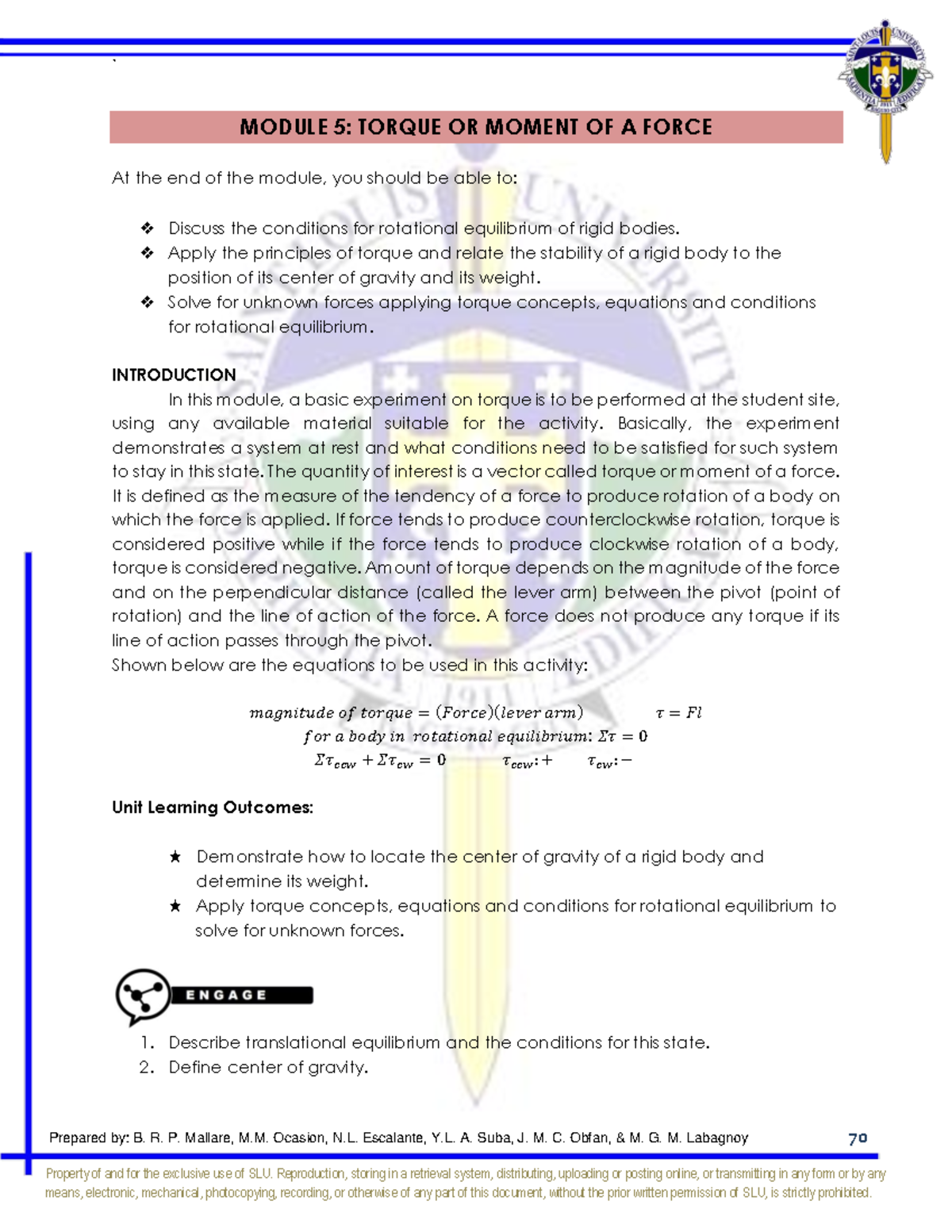 Physics lab module 5 torque or moment of force - Property of and for ...