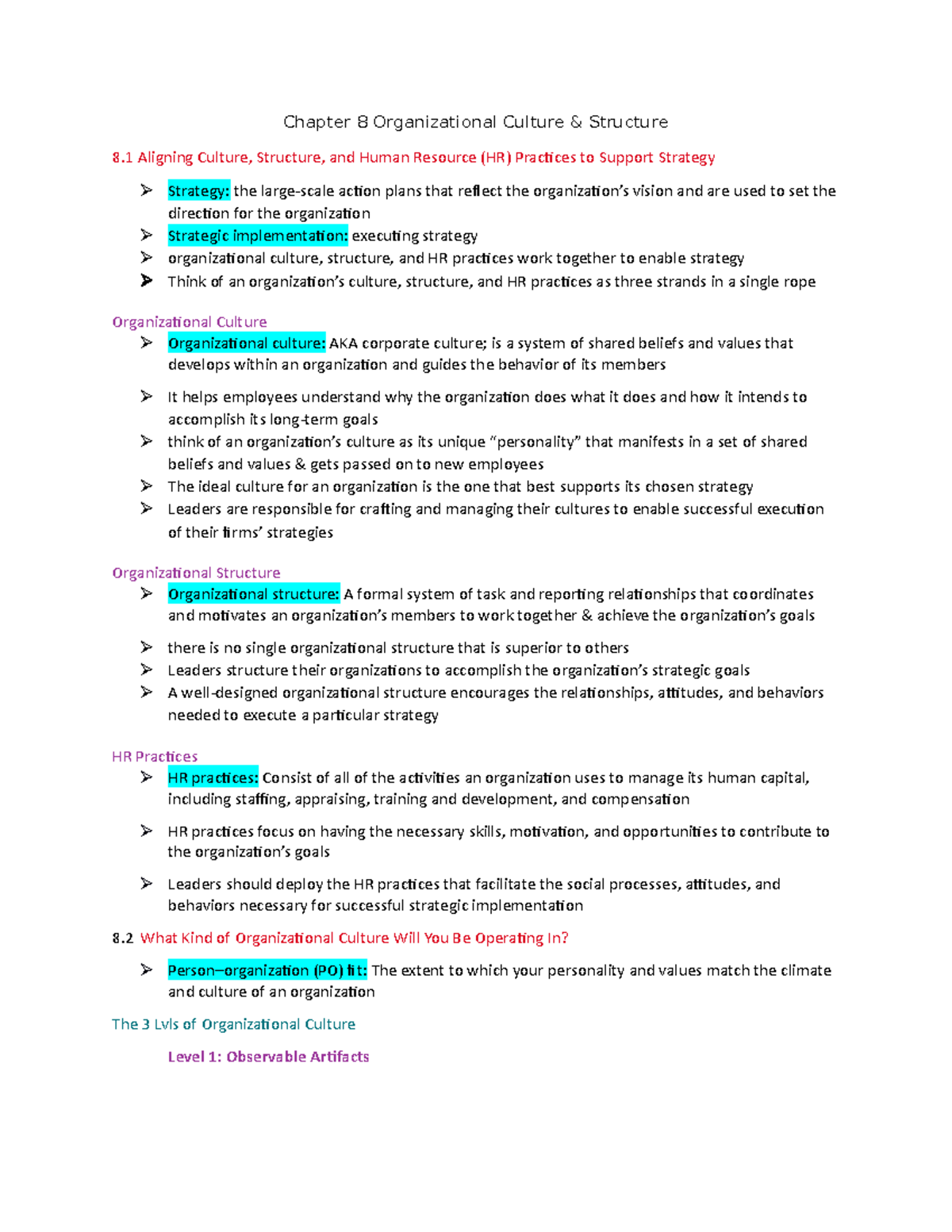 MGT 3301 Chapter 8 Notes - Chapter 8 Organizational Culture & Structure ...