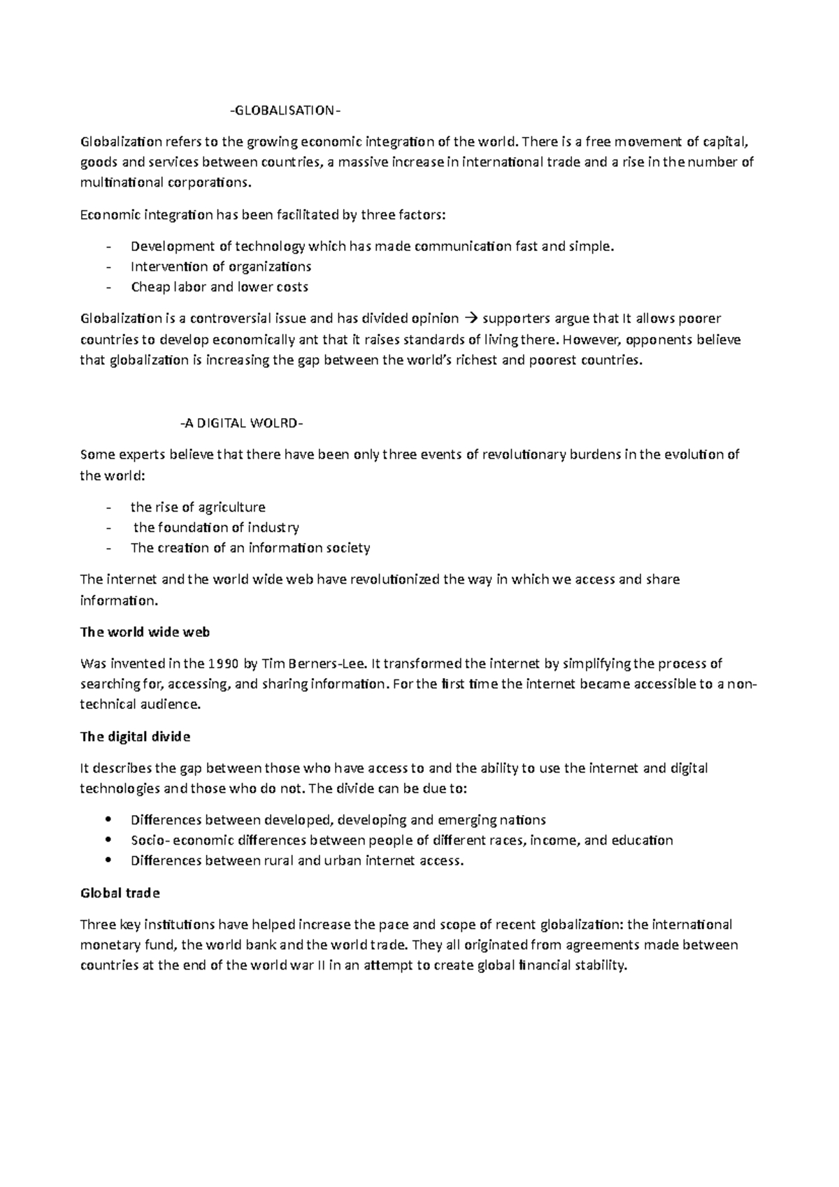 (2) Globalisation -GLOBALISATION- Globalization refers to the growing ...