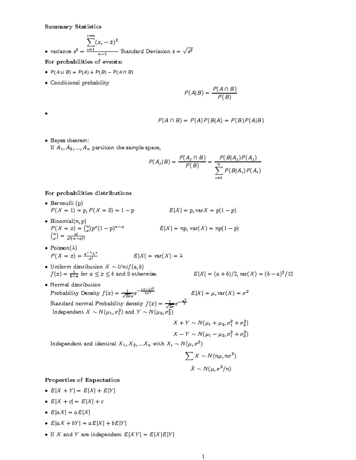 formula sheet mid2 - Summary Statistics • variance s2 = i=n X i=1 (xi − ...